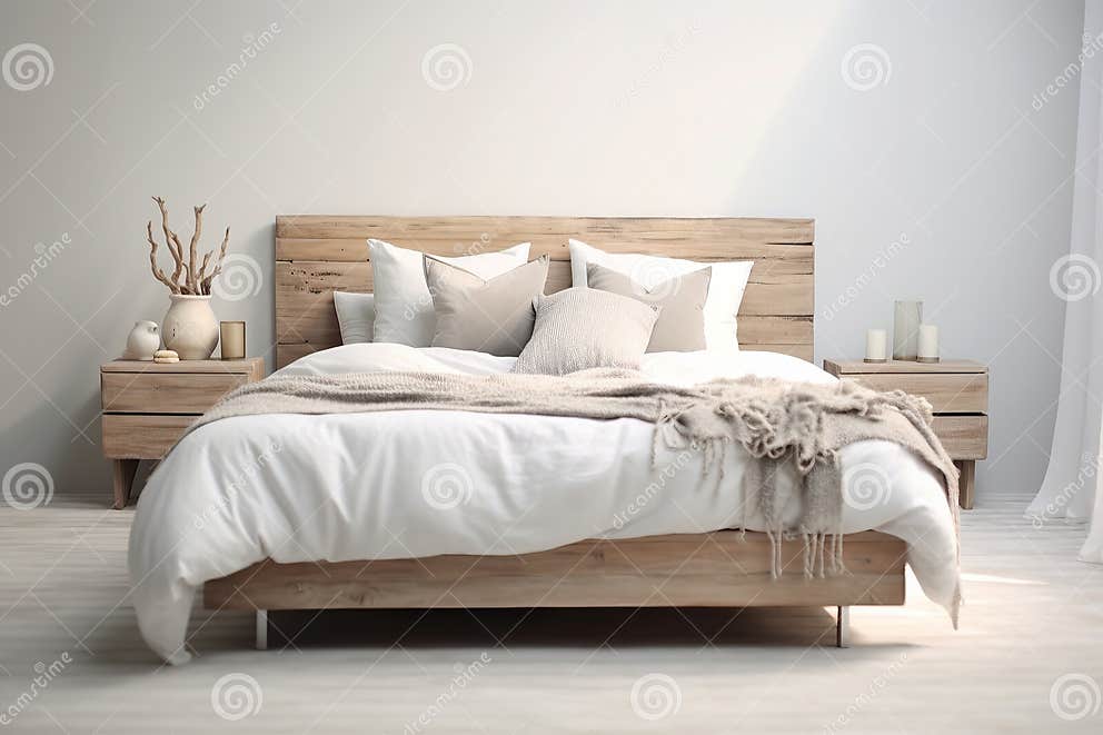 Bed, Front View, Light Wood and White Generative AI Stock Illustration ...