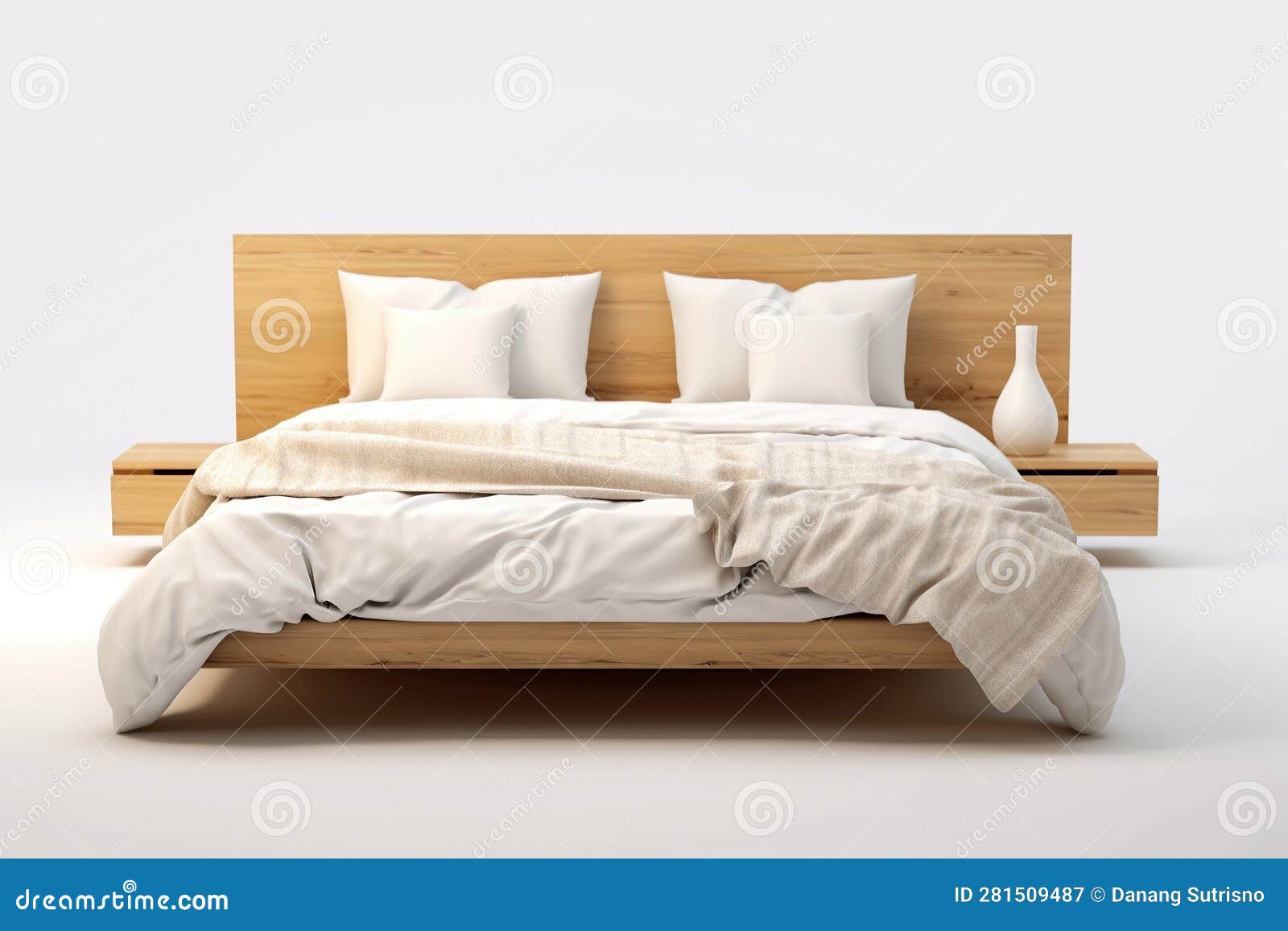 Bed, Front View, Light Wood and White Generative AI Stock Illustration ...