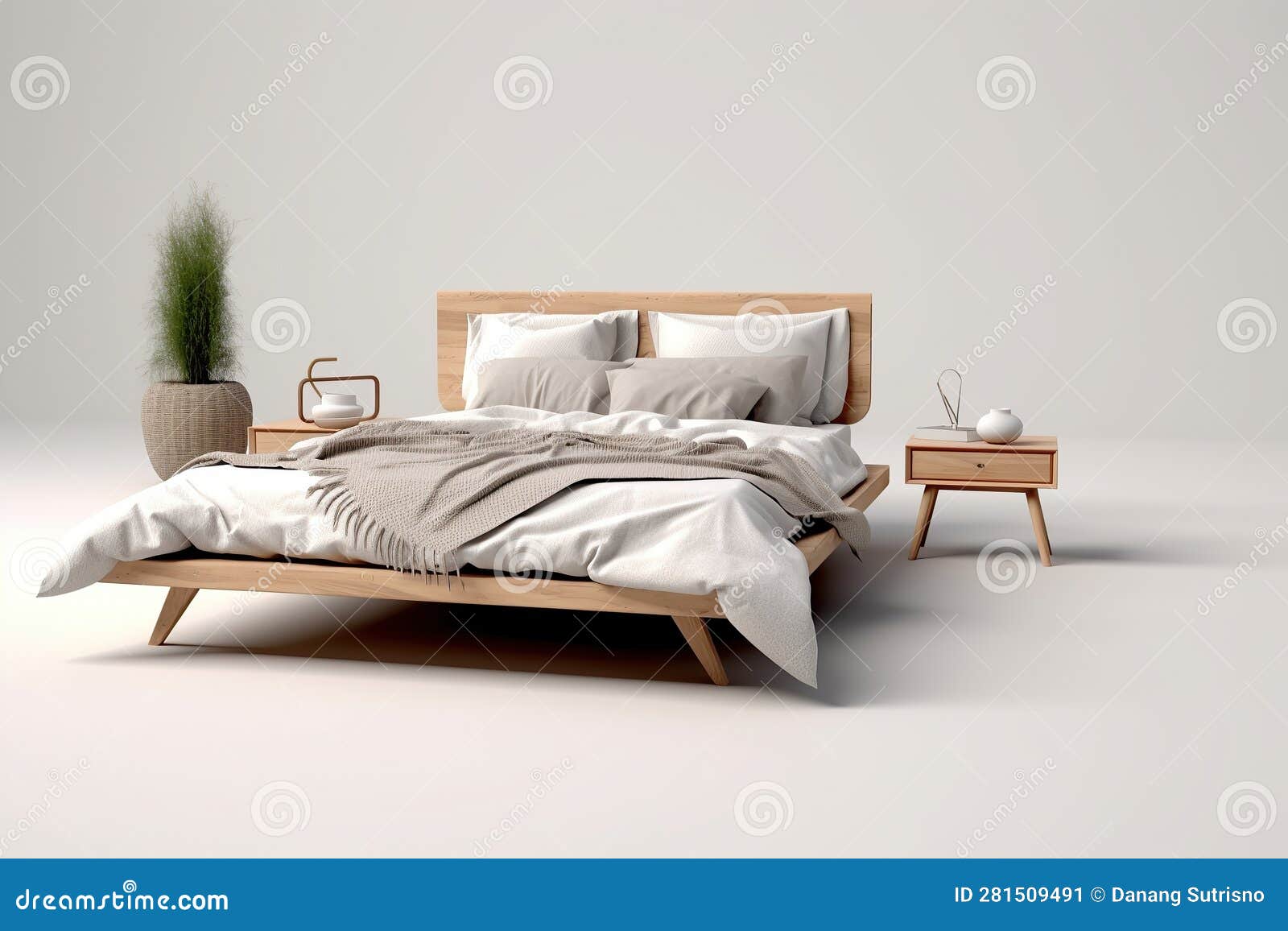 Bed, Front View, Light Wood and White Generative AI Stock Illustration ...