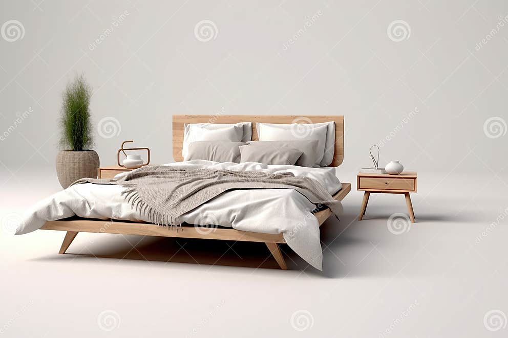 Bed, Front View, Light Wood and White Generative AI Stock Illustration ...