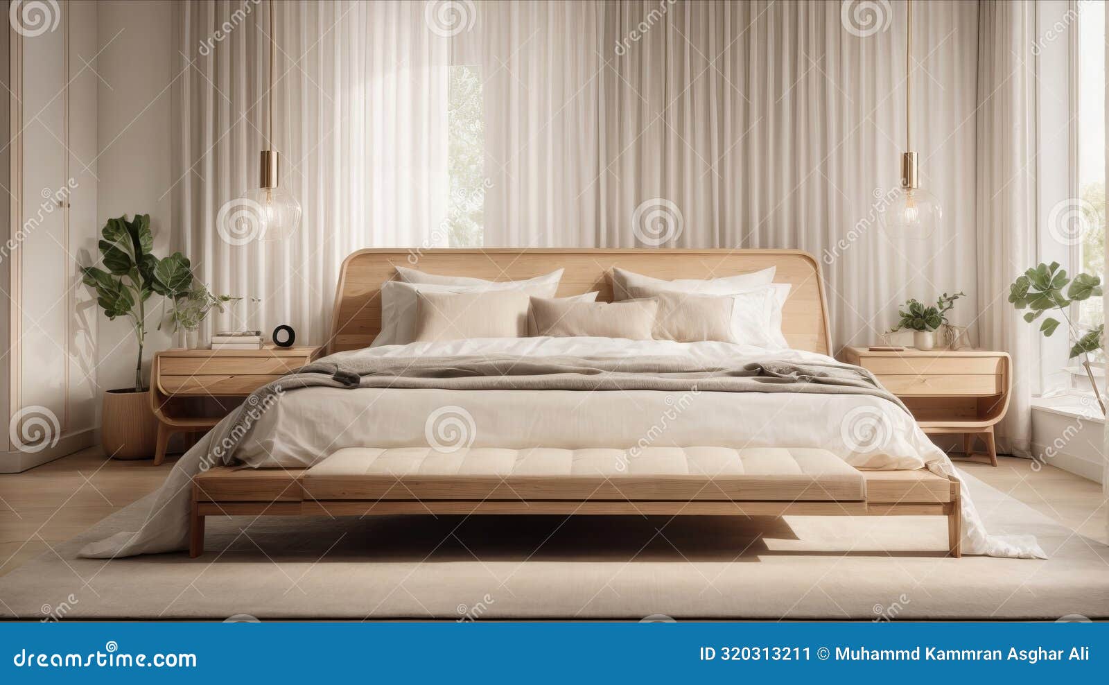 Bed, Front View, Light Wood and White Generative AI Stock Illustration ...