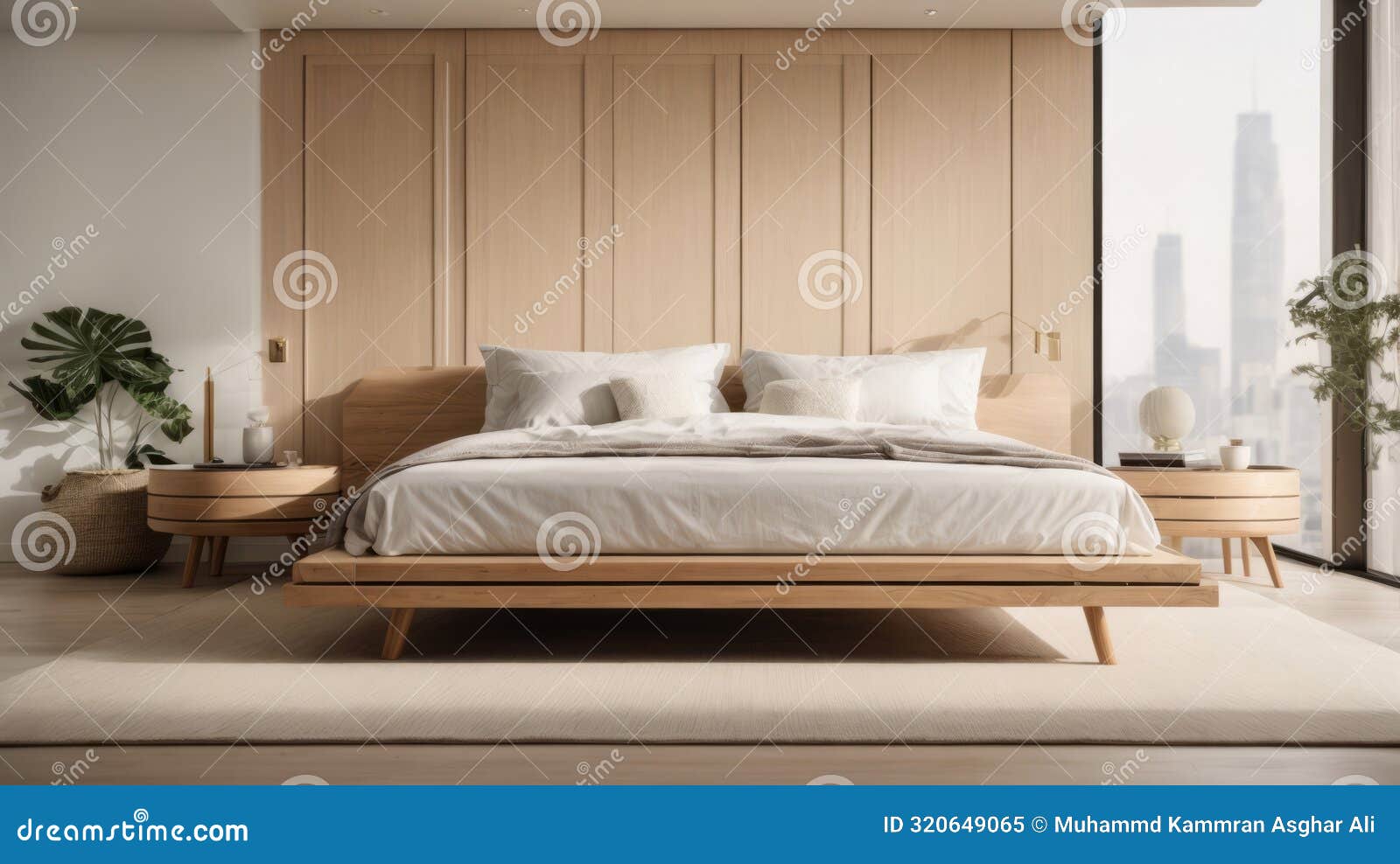 Bed, Front View, Light Wood and White Generative AI Stock Illustration ...