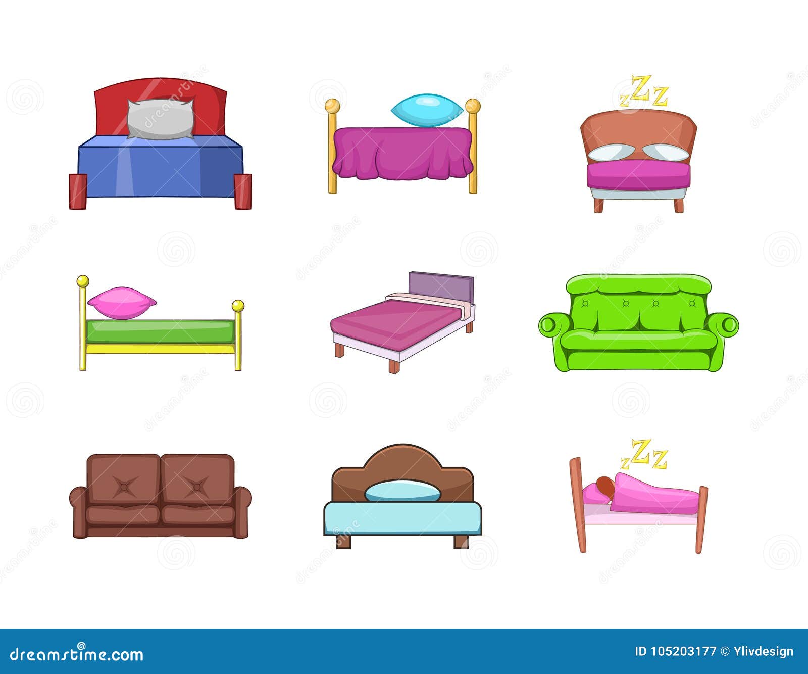 Bed Icon Set, Cartoon Style Stock Vector - Illustration of decoration ...