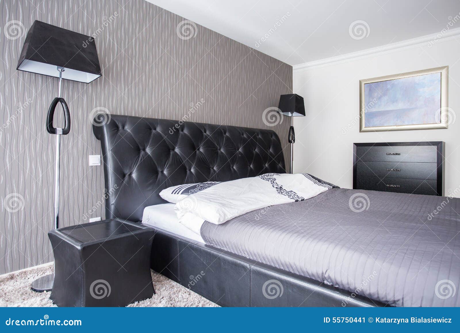Bed with leather headrest stock image. Image of lamp - 55750441