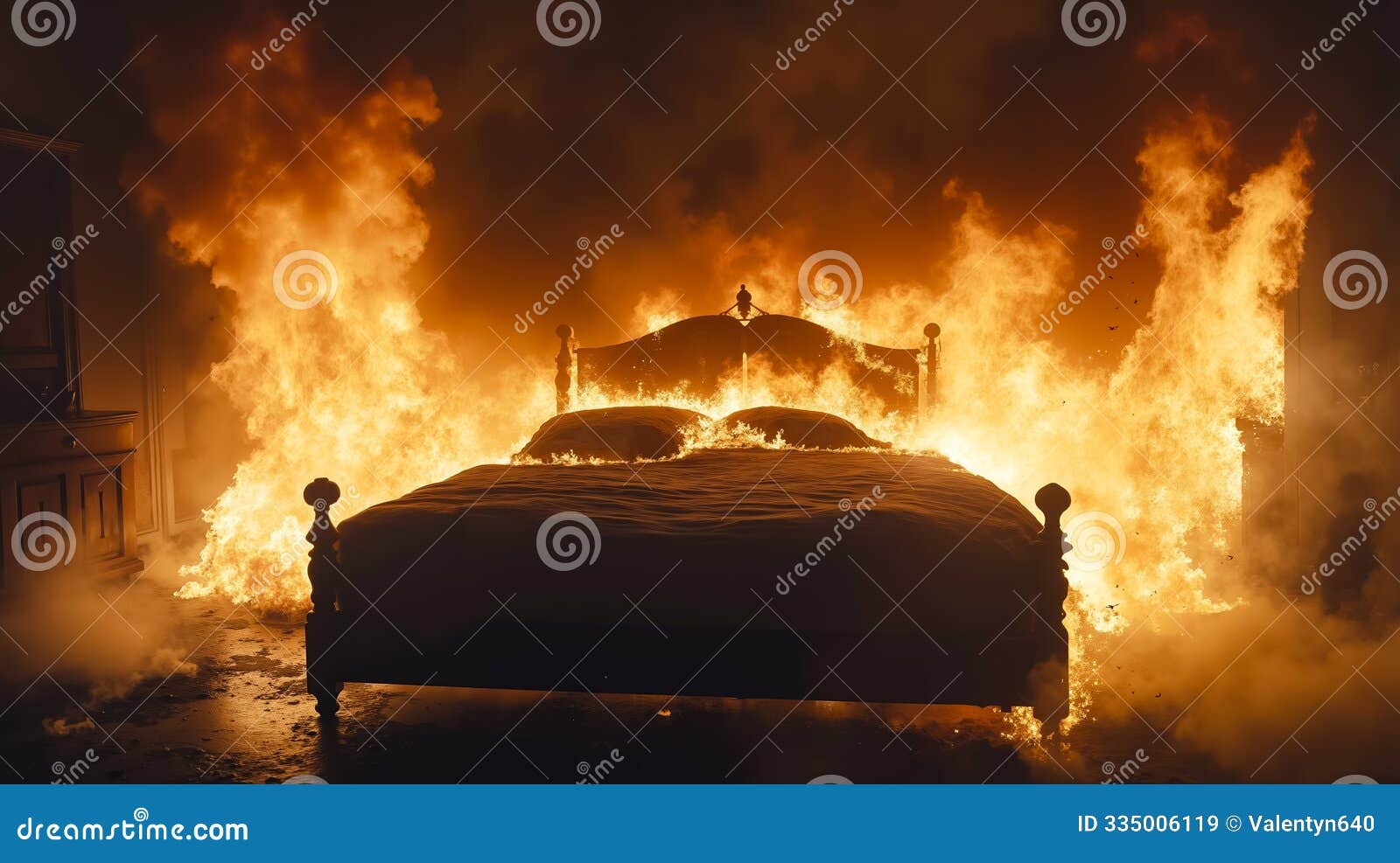 A Bed in the Middle of a Room with a Fire Coming Out of it Stock Image ...