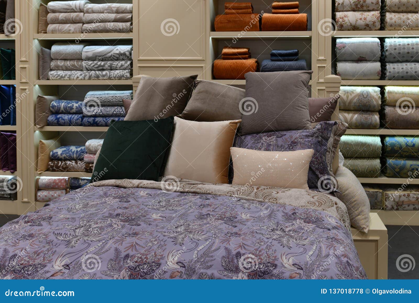 Bed with Pillows in the Interior of the Store Stock Photo - Image of ...