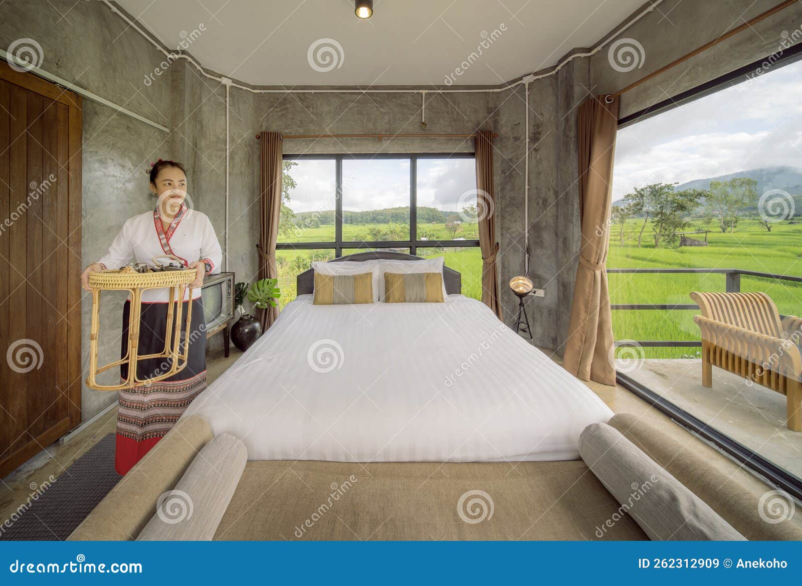 Bed Room in Hone Stay in Nan with Rice Fields Out Sid of Windows Stock ...