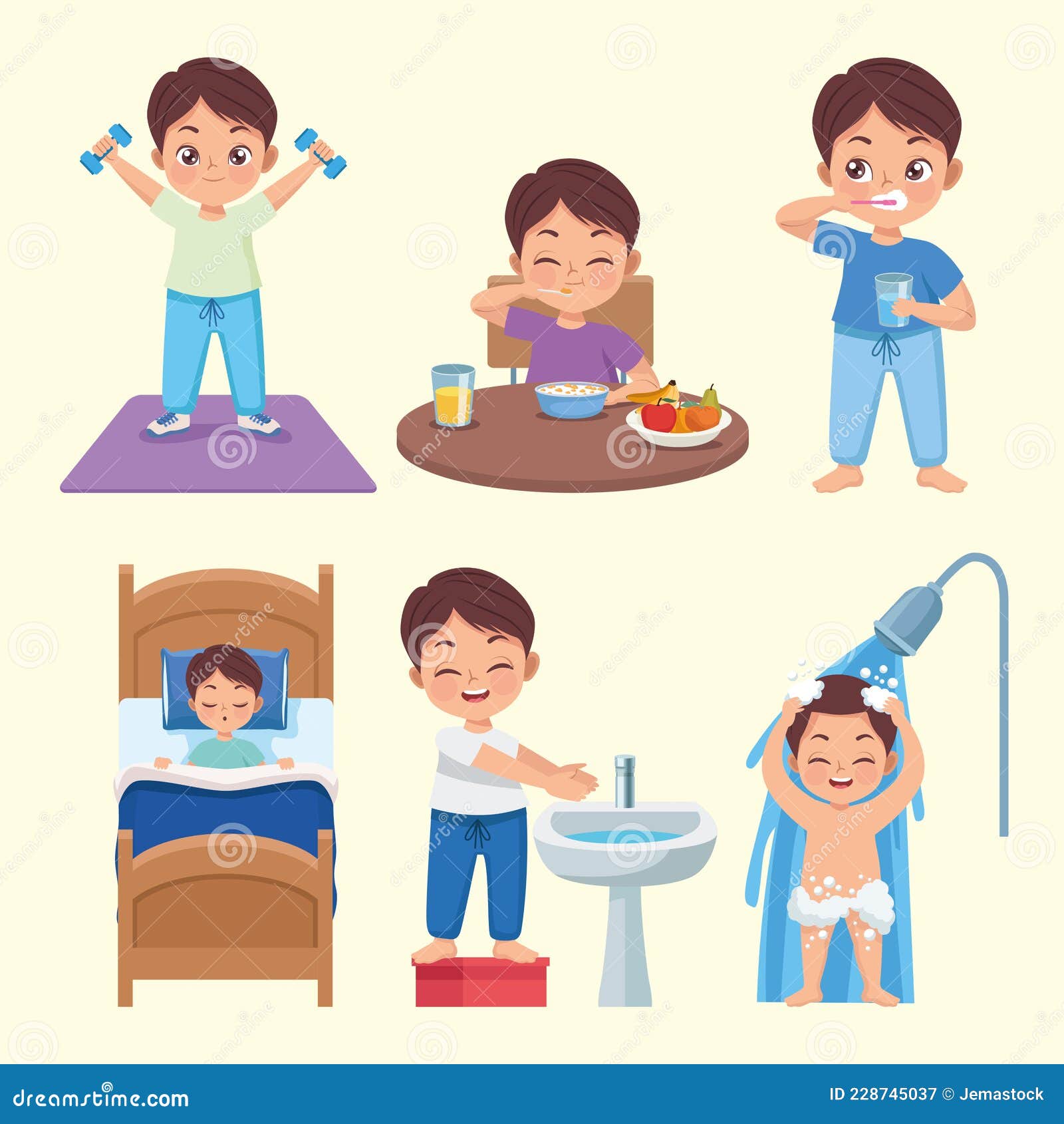 Bed routine six kids stock vector. Illustration of hands - 228745037