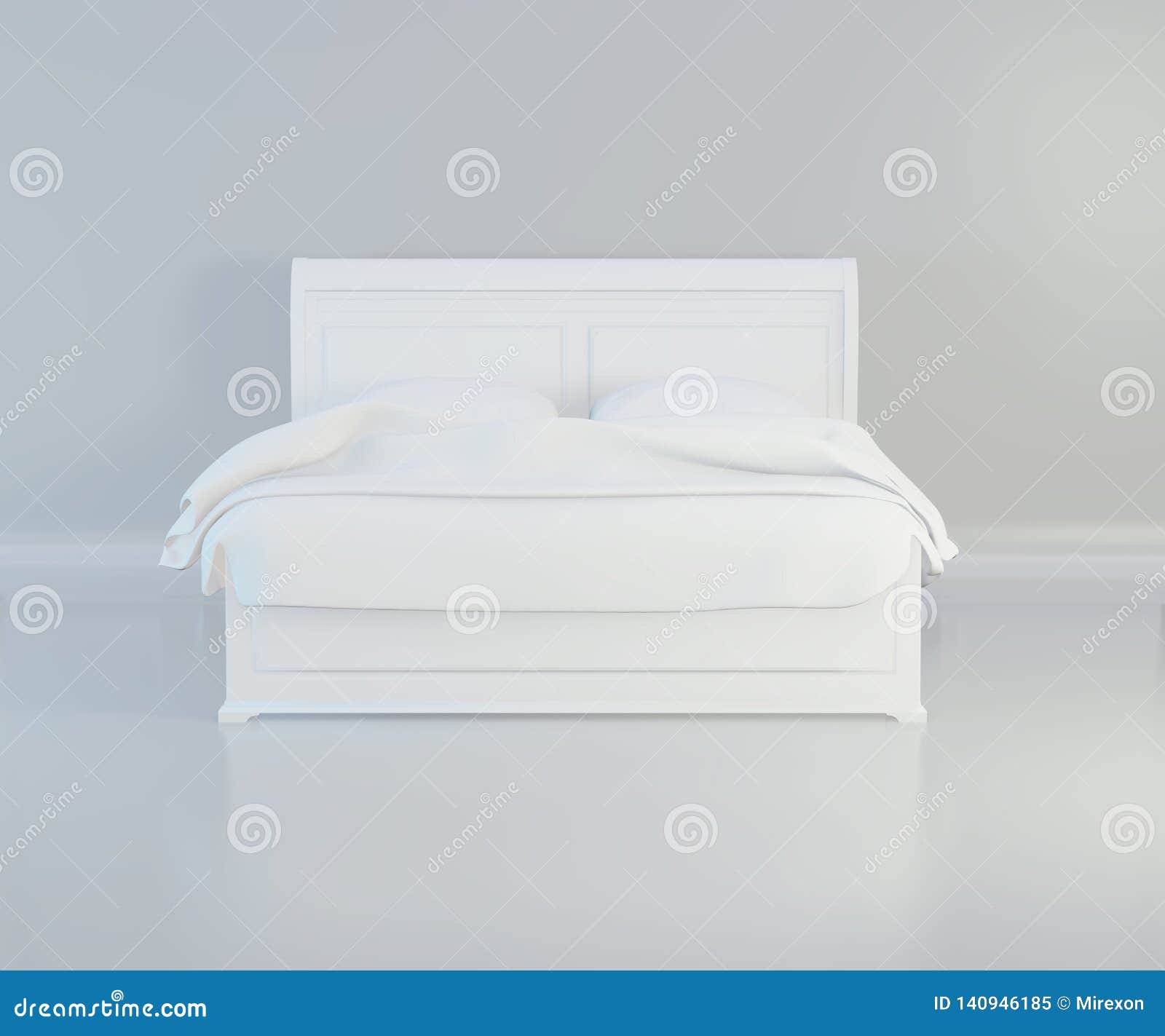 Bed with Soft White Pillows, Front View. 3d Rendering Stock ...