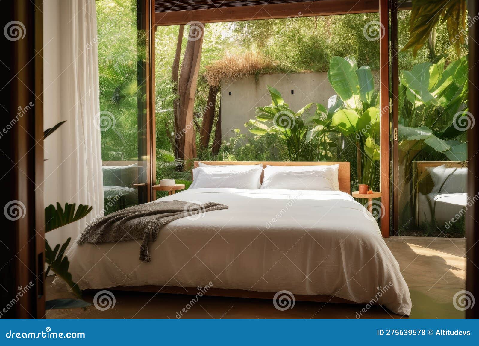 Bed Surrounded by Greenery and View of Backyard in Cozy Setting Stock ...
