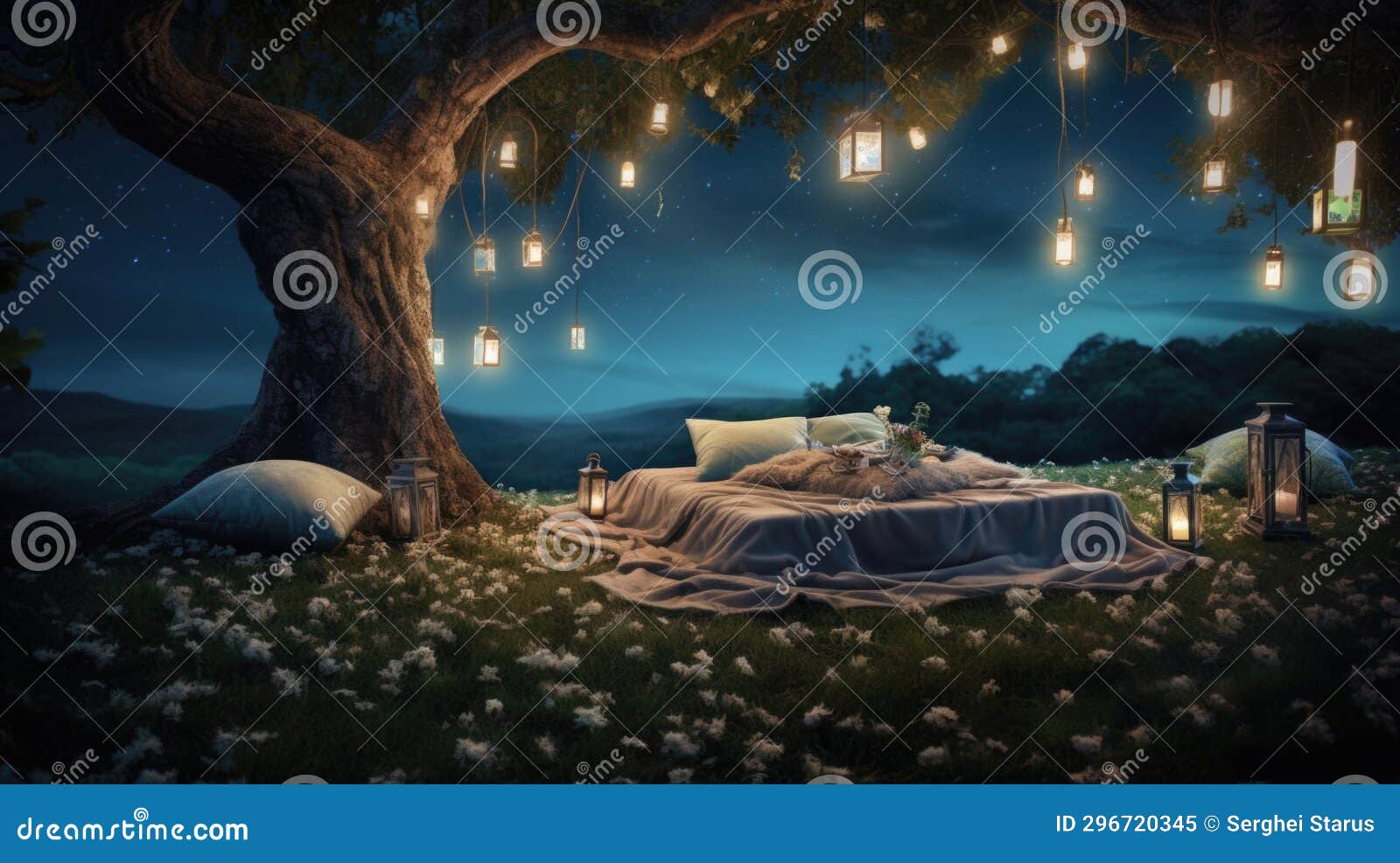 A Bed Under a Tree with Lanterns Hanging from it, AI Stock Image ...