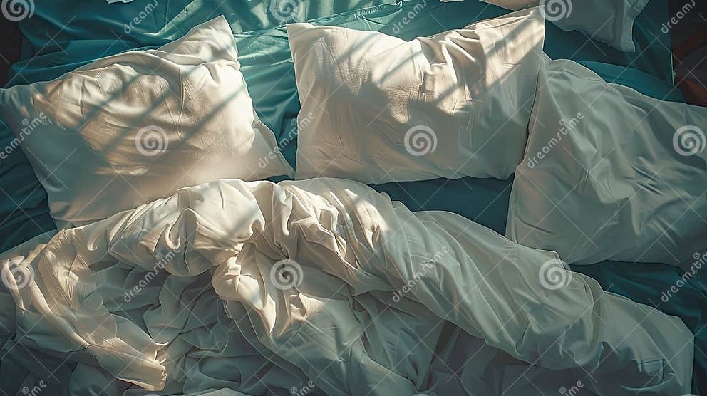 A Bed with White Sheets and Pillows, Emphasizing Its Disheveled State ...
