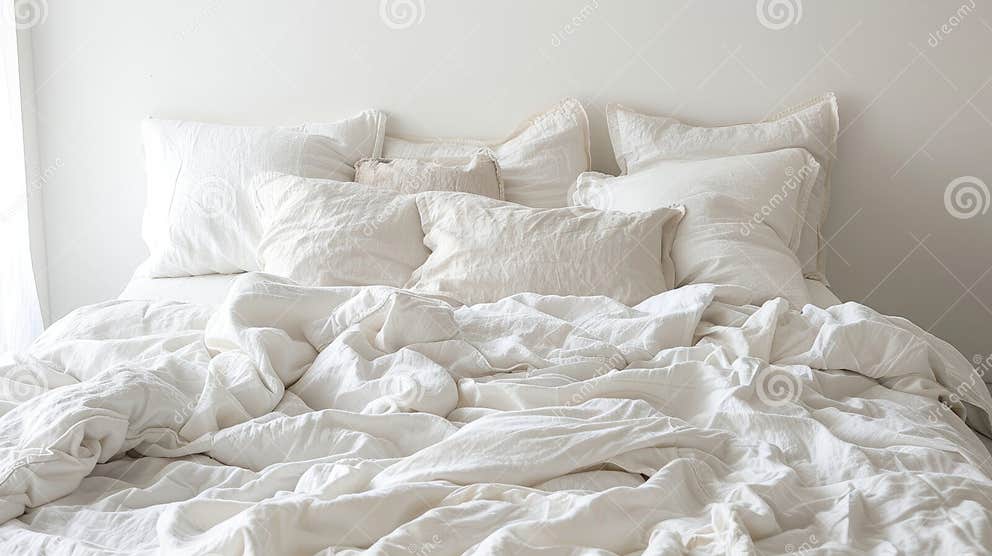 A Bed with White Sheets and Pillows, Emphasizing Its Disheveled State ...