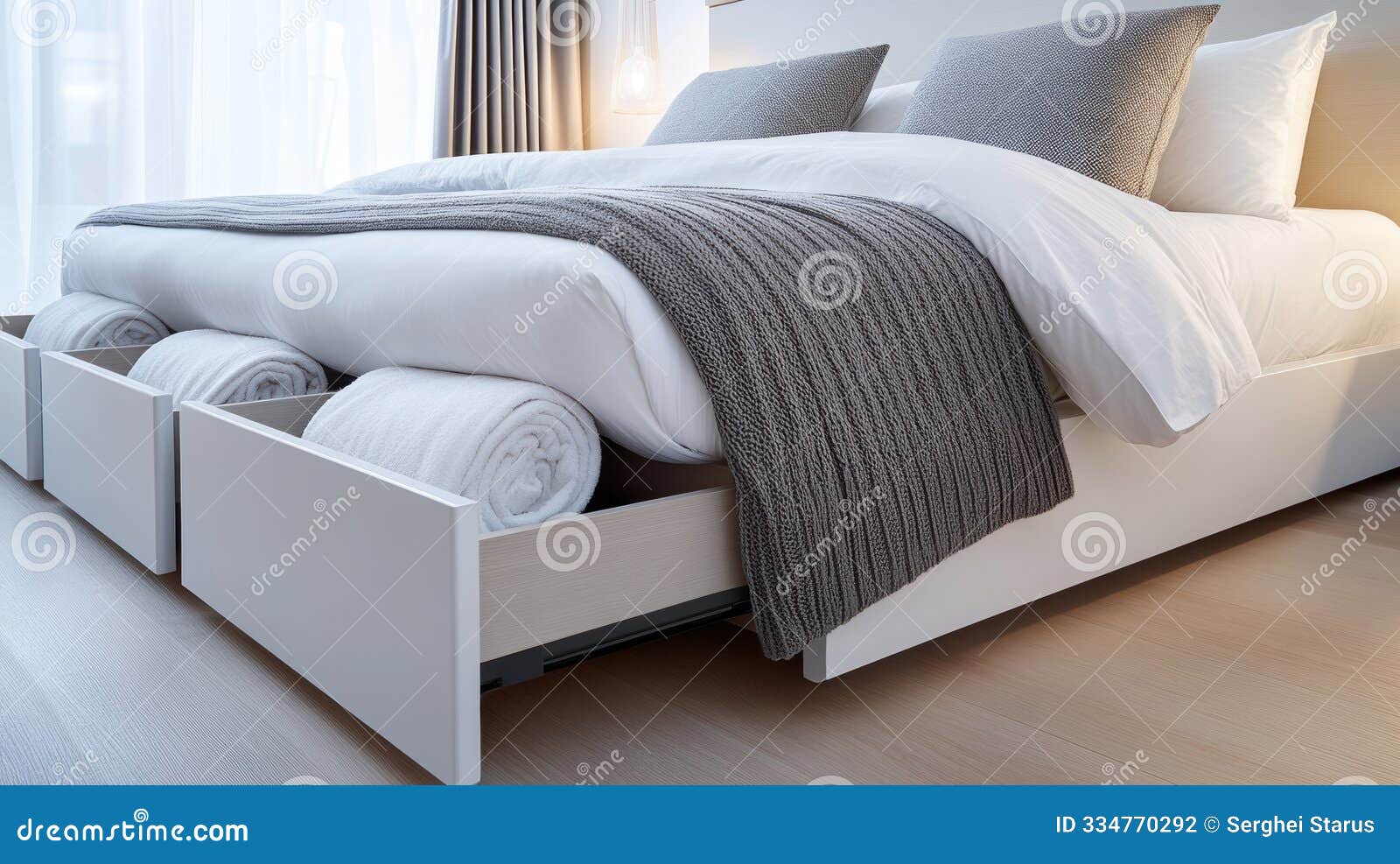 A Bed with White Sheets and Pillows Under a Large Open Drawer, AI Stock ...