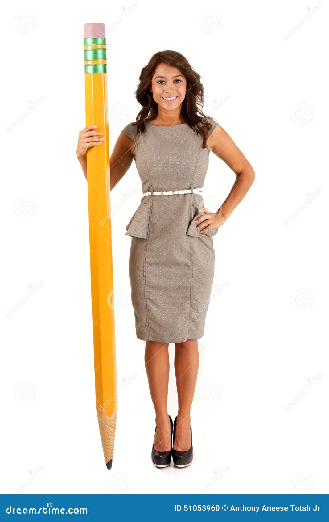 Bedrijfsvrouw of Leraar Met Een Groot Potlood Stock Foto - Image of ...