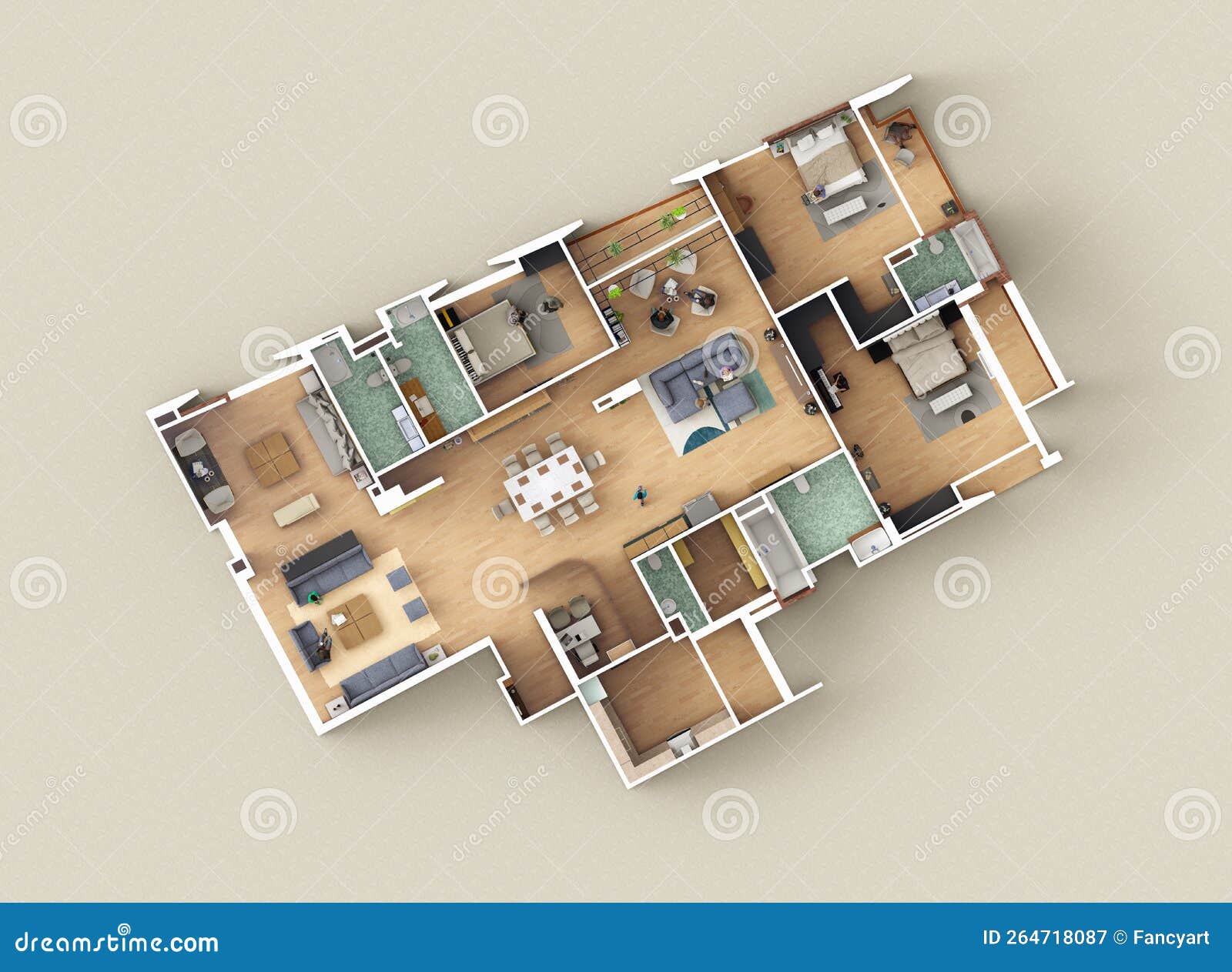 3 Bedroom Apartment Interior Design Isometric View 3d Rendering Stock ...