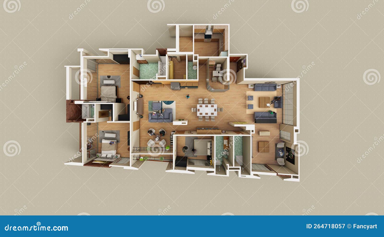 3 Bedroom Apartment Typical Floor Plan 3d Rendering Top View Stock ...