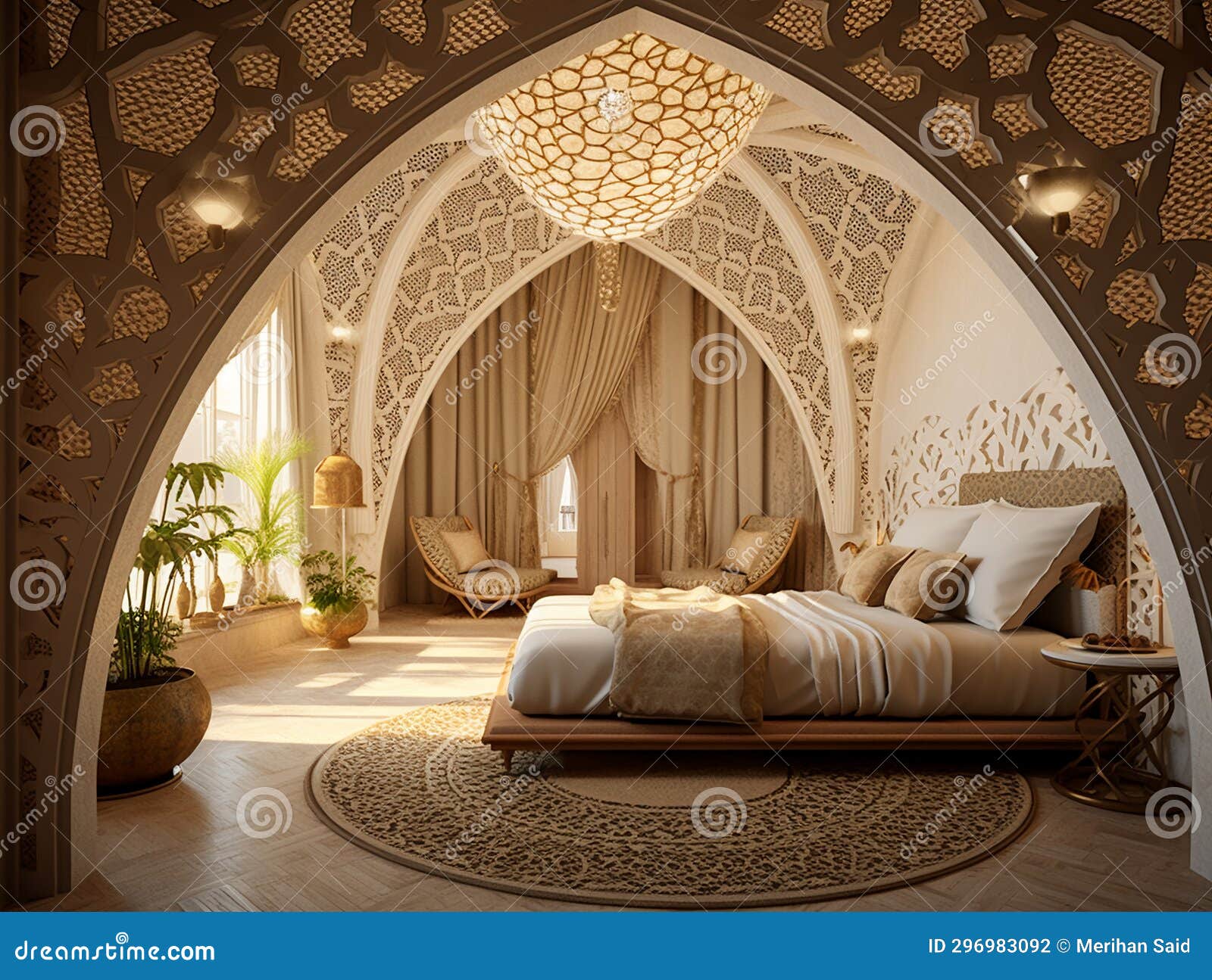 Bedroom in Arabic Interior Design Style with Mashrabiya Behind the Bed ...
