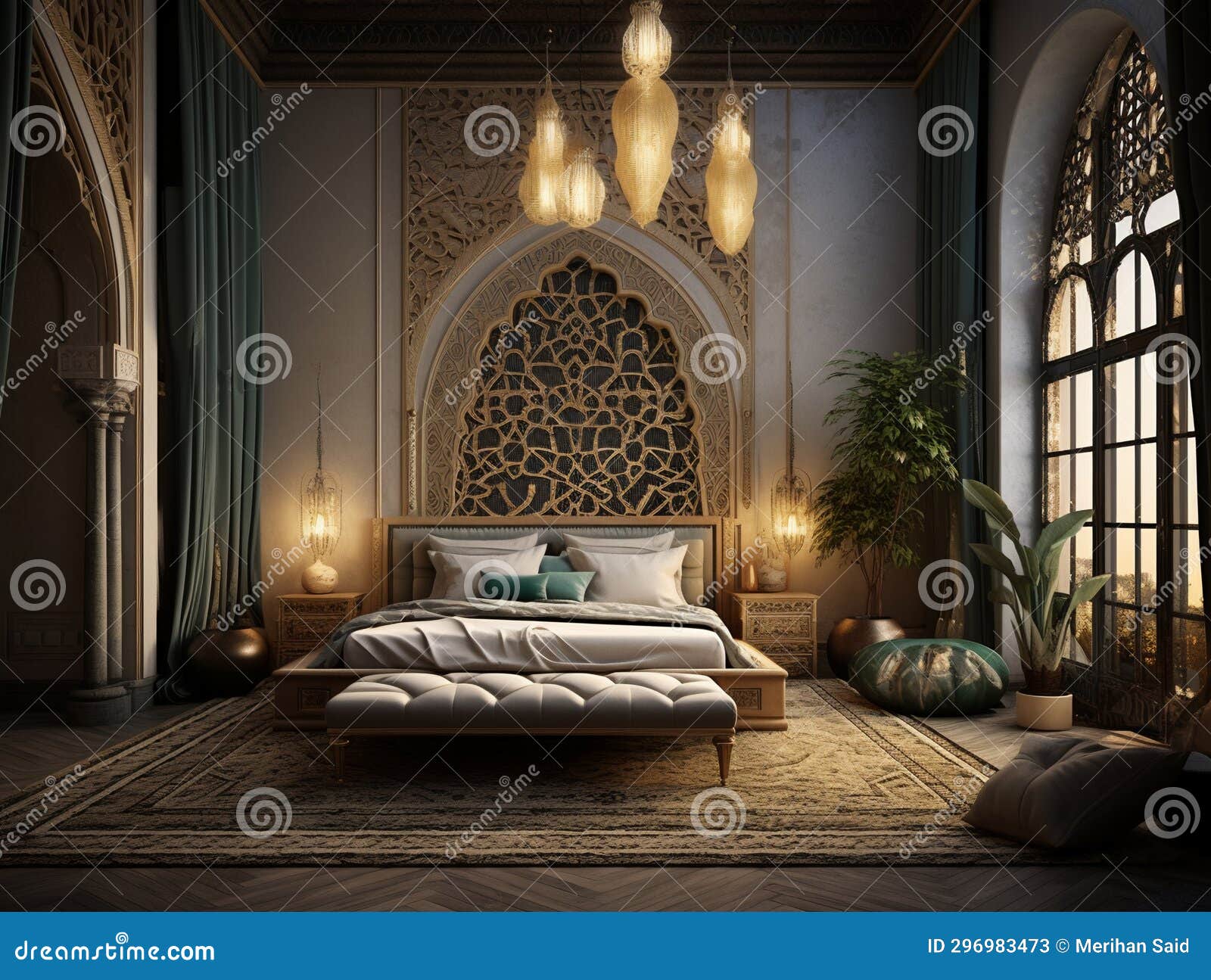 Bedroom in Arabic Interior Design Style with Mashrabiya Behind the Bed ...