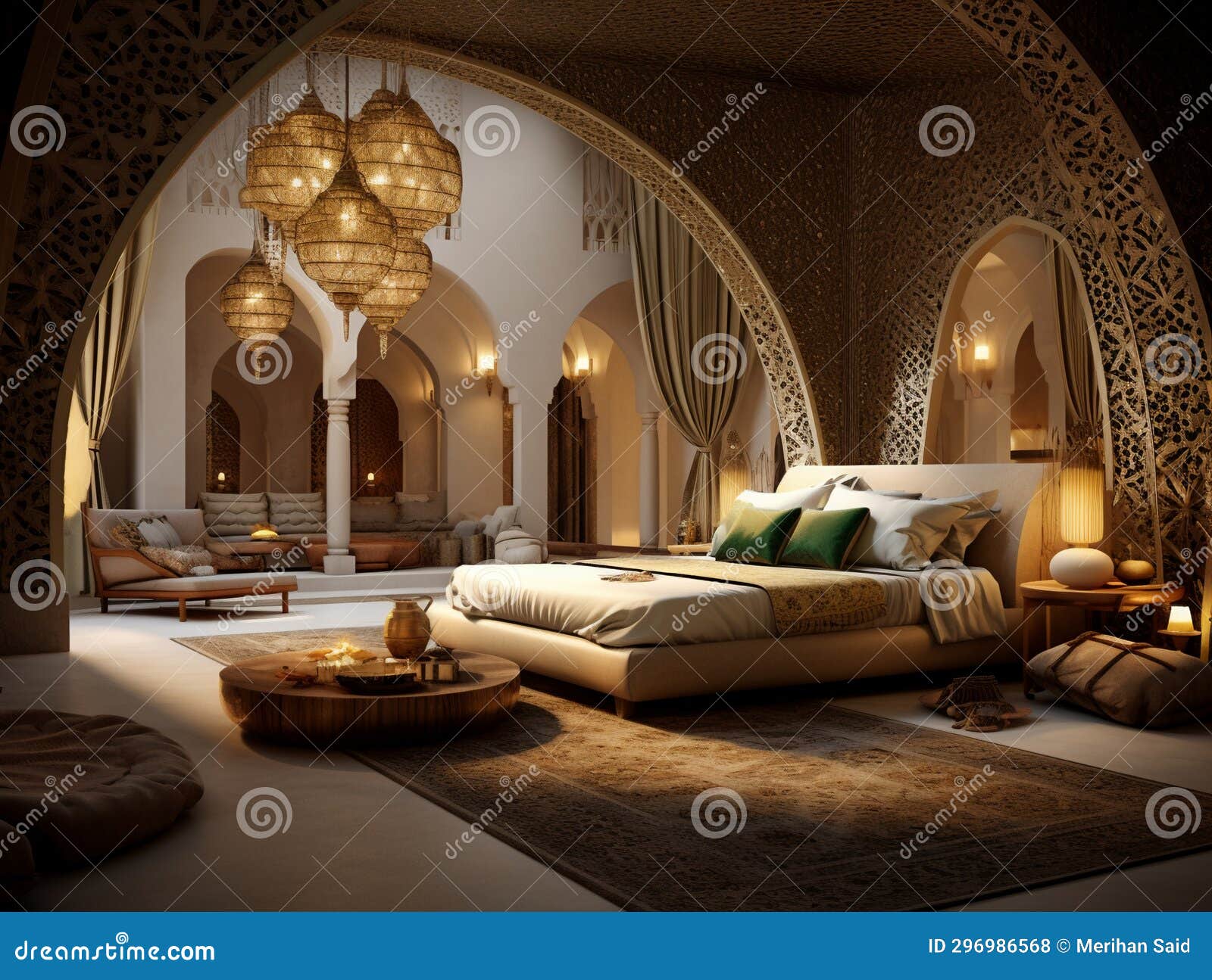 Bedroom in Arabic Interior Design Style with Mashrabiya Behind the Bed ...
