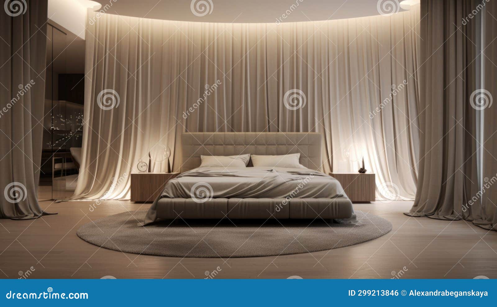 Bedroom with a Bed, Curtains and High Ceiling Stock Photo - Image of ...