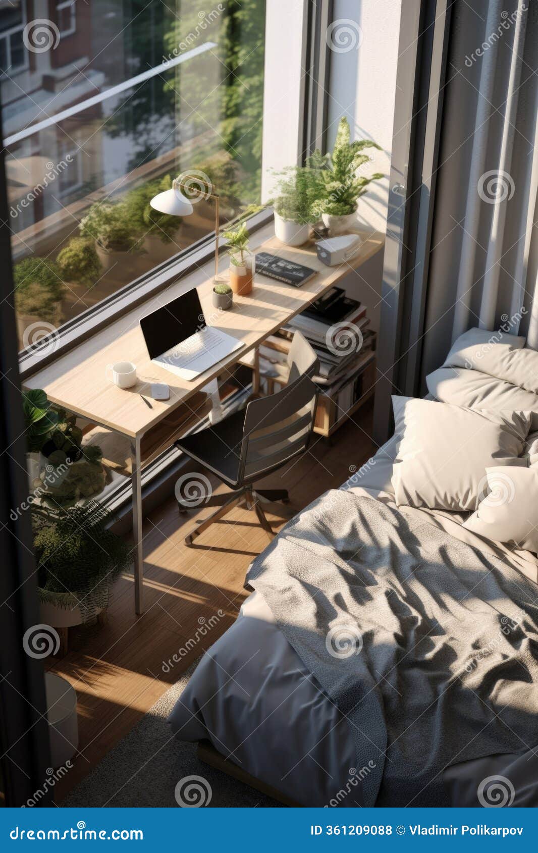 A Bedroom with a Bed and a Desk Featuring a Laptop. Ideal for Technology and Workspace Concepts ...
