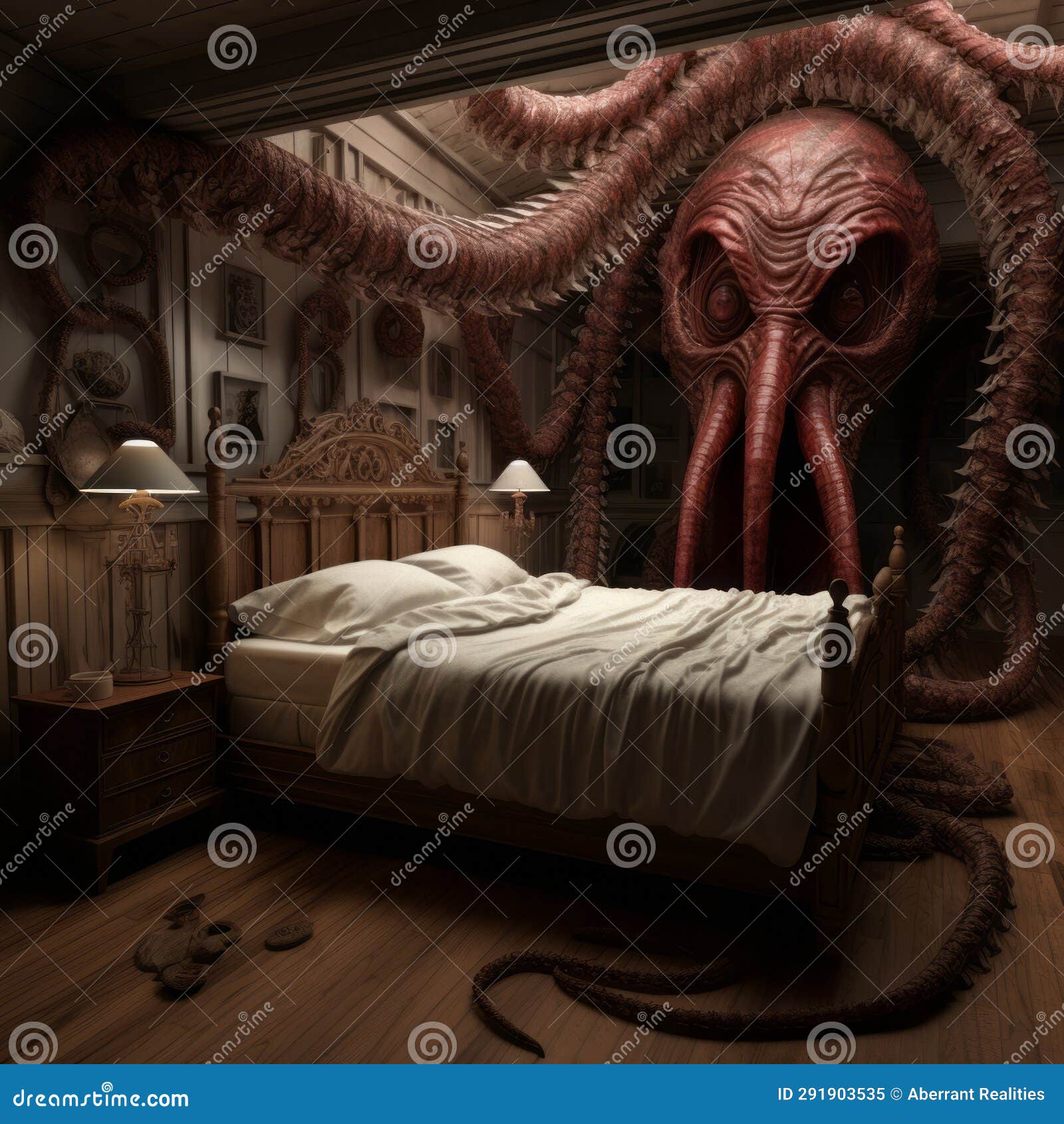 A Bedroom with a Bed and an Octopus in the Middle of the Room Stock ...