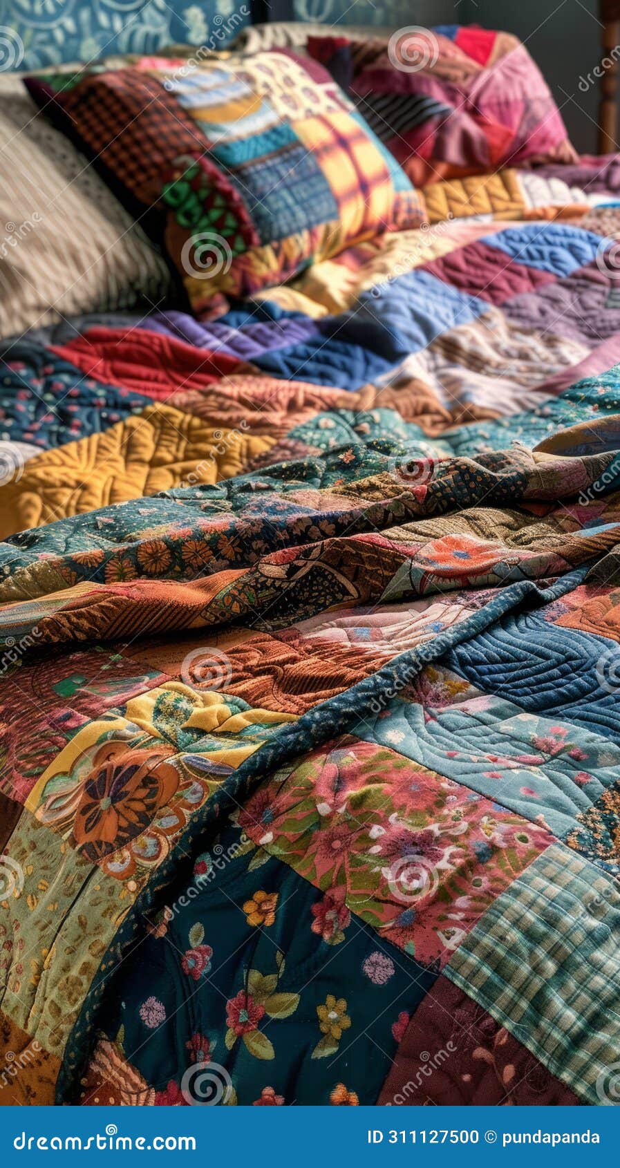 Bedroom with Bed with Patchwork Quilt, Colorful Patchwork Quilt Stock Photo - Image of pillow ...