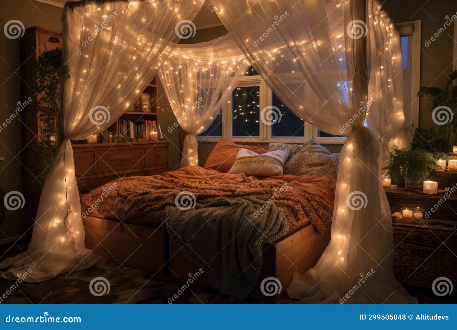 A Bedroom with a Canopy Bed Draped with Fairy Lights and Patterned ...