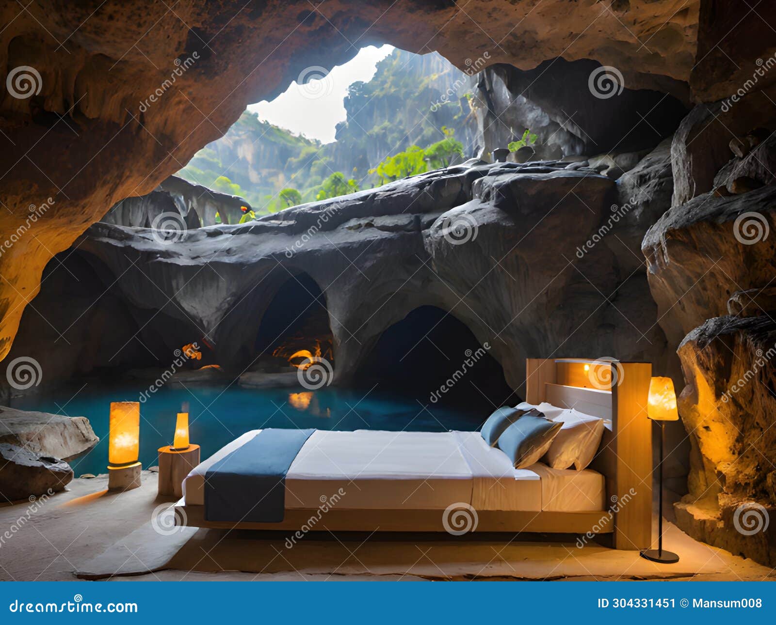 Bedroom in the cave stock illustration. Illustration of view - 304331451