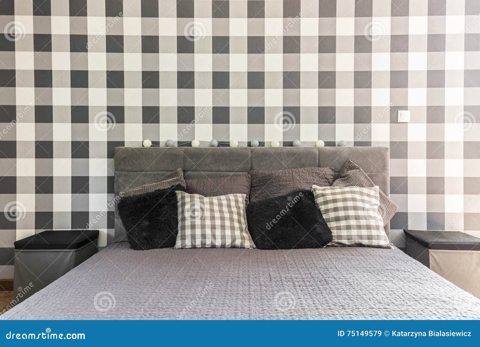 Bedroom with Check Wallpaper Idea Stock Image - Image of home ...