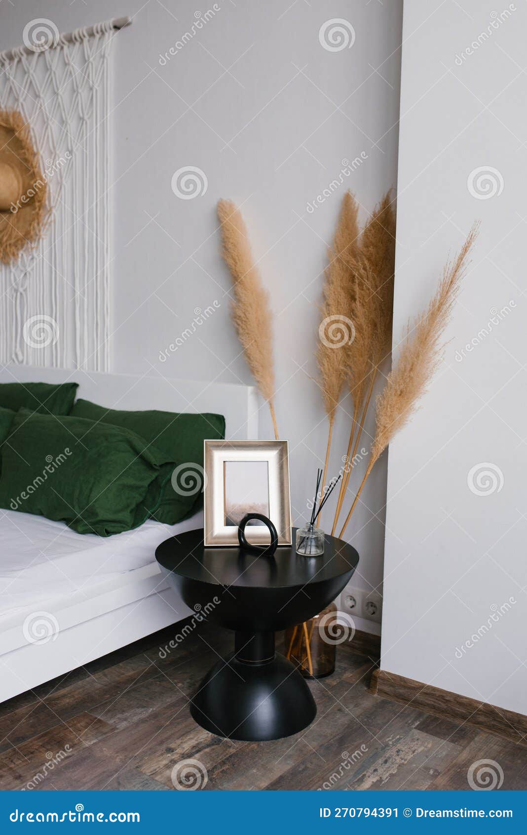 Bedroom Decor in Boho Style. Bedside Table and Dried Flowers in a Vase ...