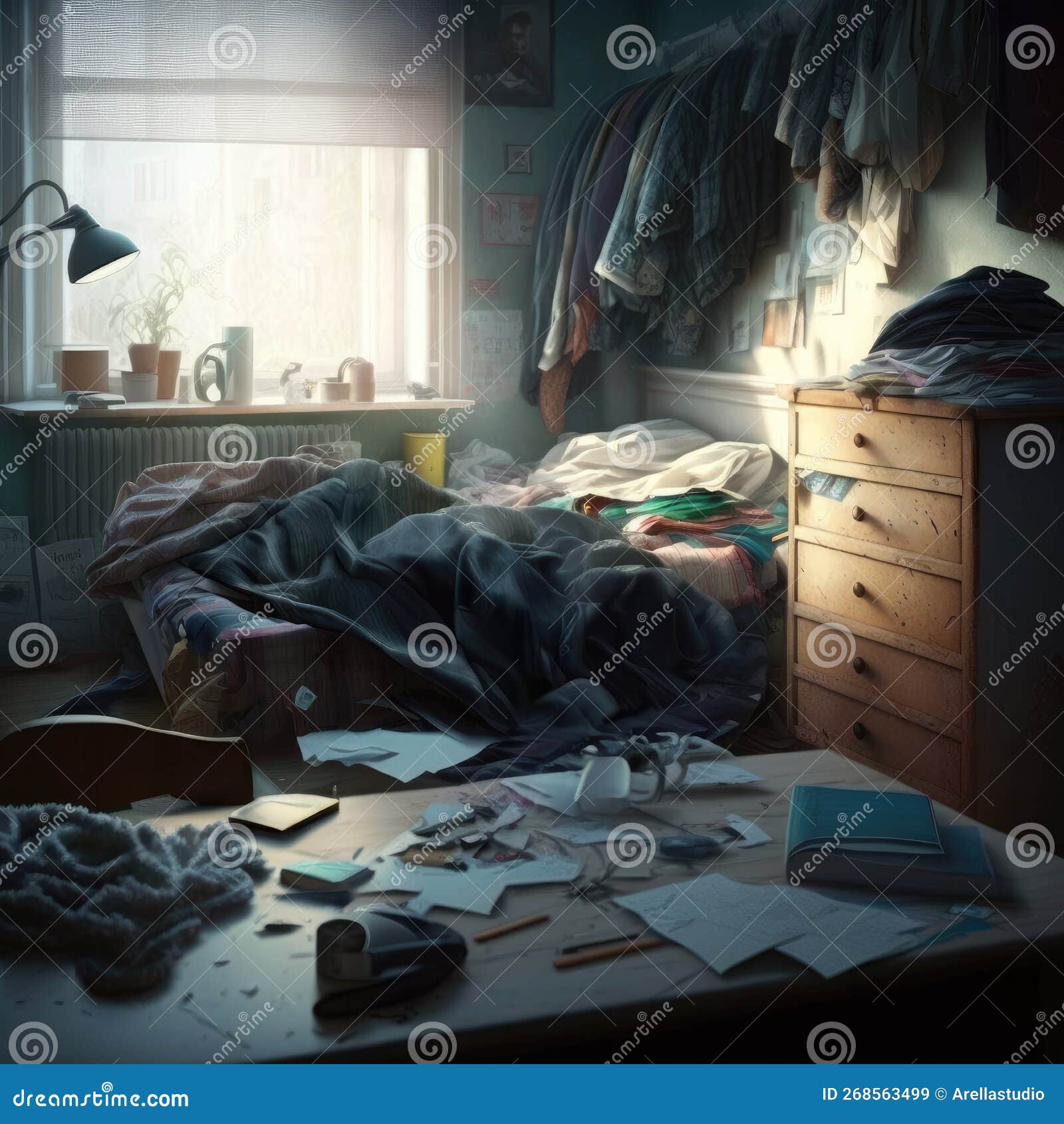 The Bedroom is in Disarray, with Clothes and Objects Scattered ...