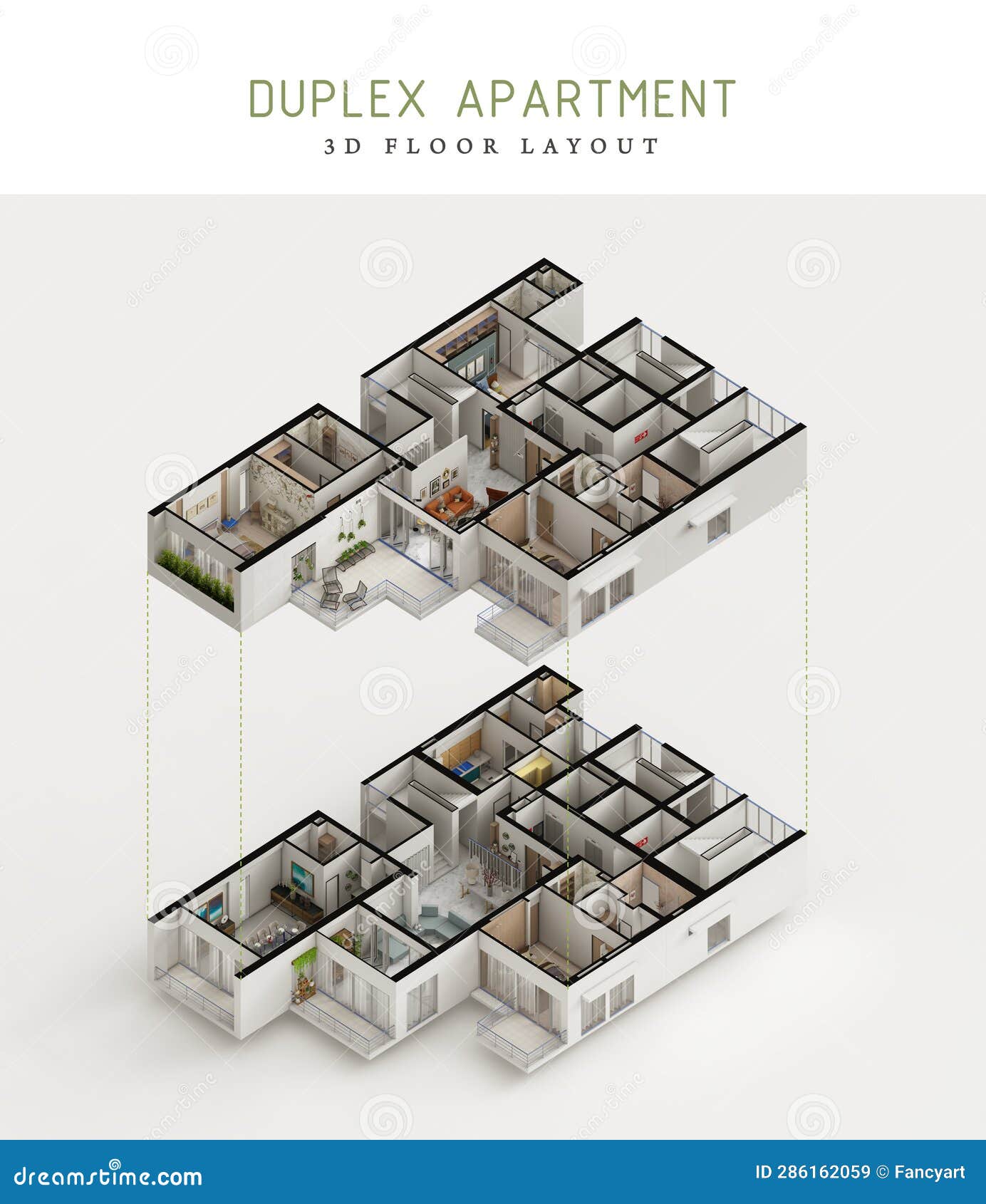 4 Bedroom Duplex Apartment Isometric View and 2d Plan 3d Rendering ...