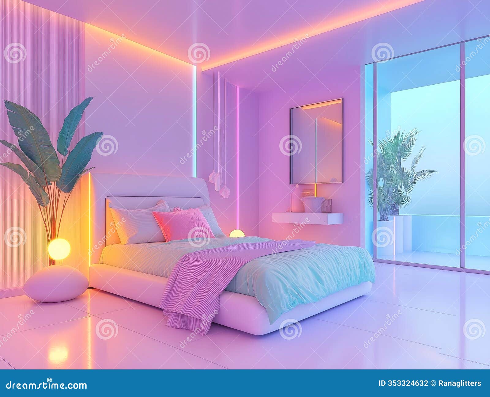 Neon Pastel Bedroom with Dramatic Lighting Stock Illustration ...