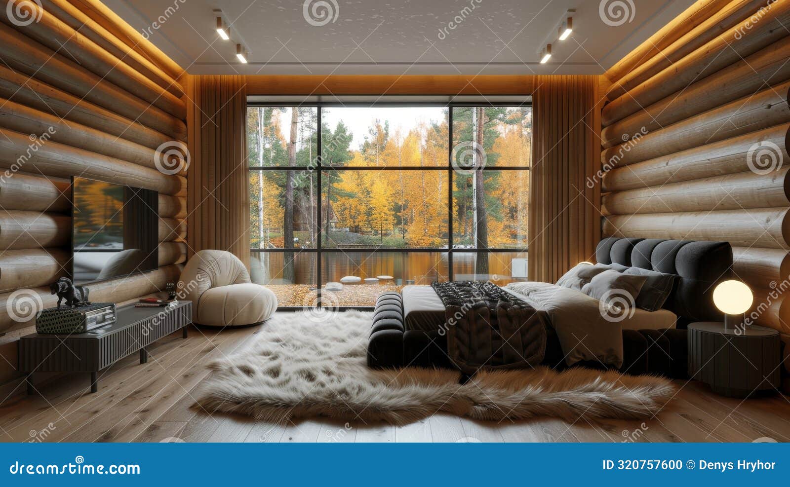 A Bedroom Featuring a Large Bed and a Sizable Window in an Elegant Log ...