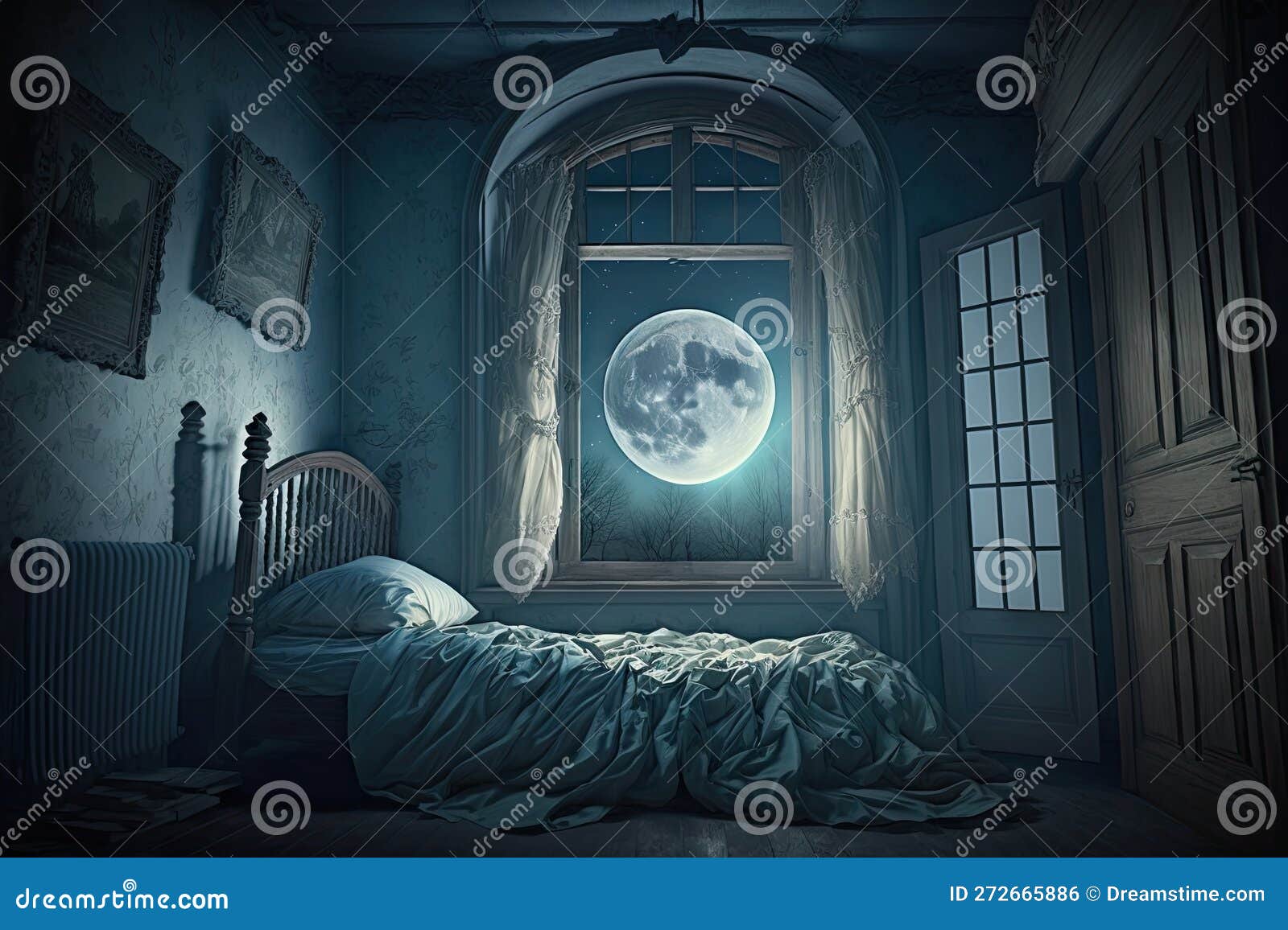 A Bedroom, with a Full Moon Shining through the Window and Onto the Bed ...