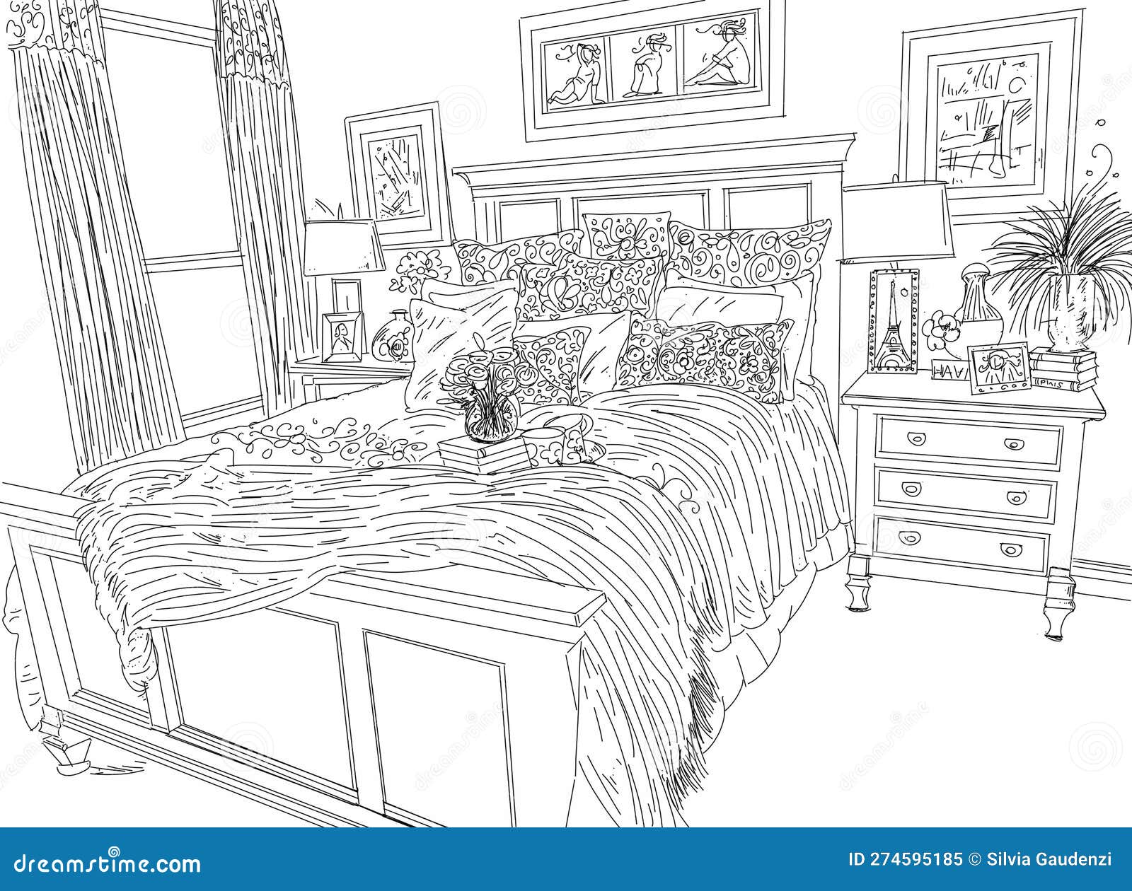 Bedroom Graphic Black White Interior Sketch Illustration for Print or ...