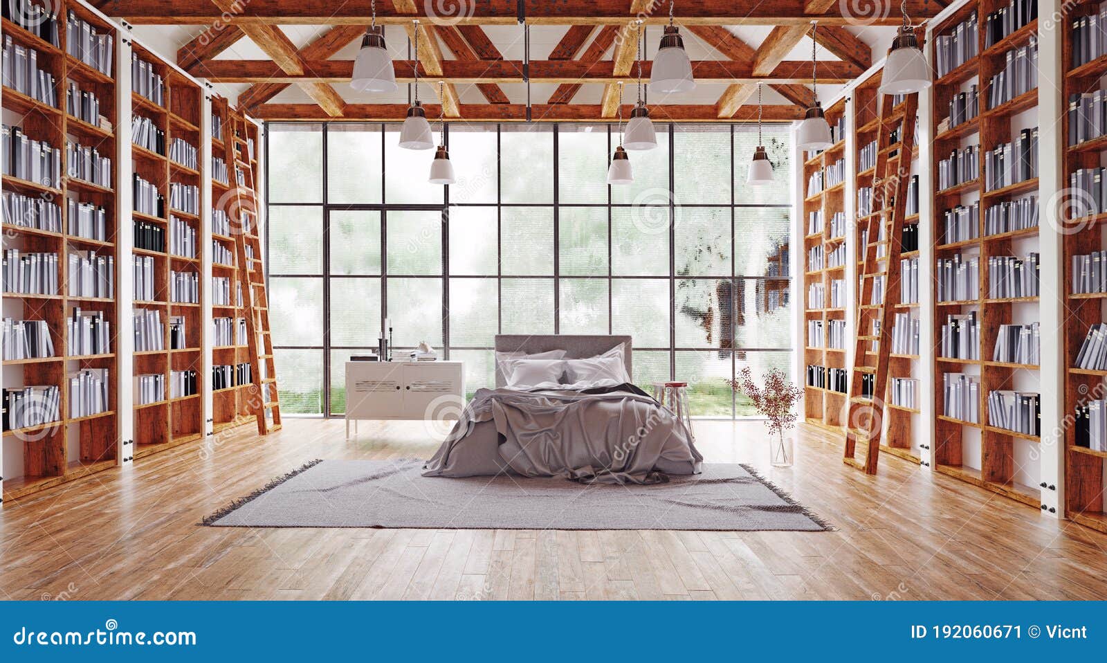Bedroom with great library stock illustration. Illustration of glass ...