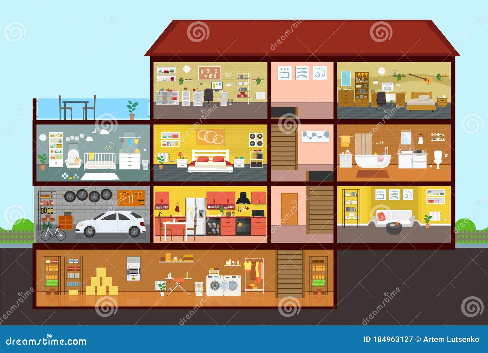 Large Detailed Modern House Interior Cutaway. House Building Interior ...