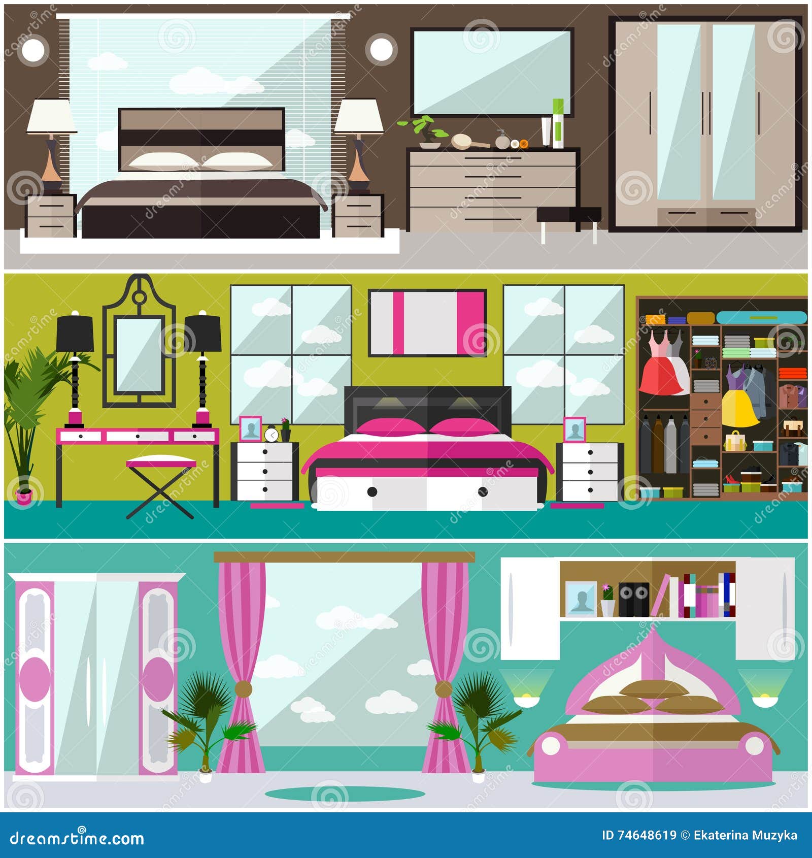 Bedroom Interior Banners Set in Flat Style. Vector Illustration Stock ...