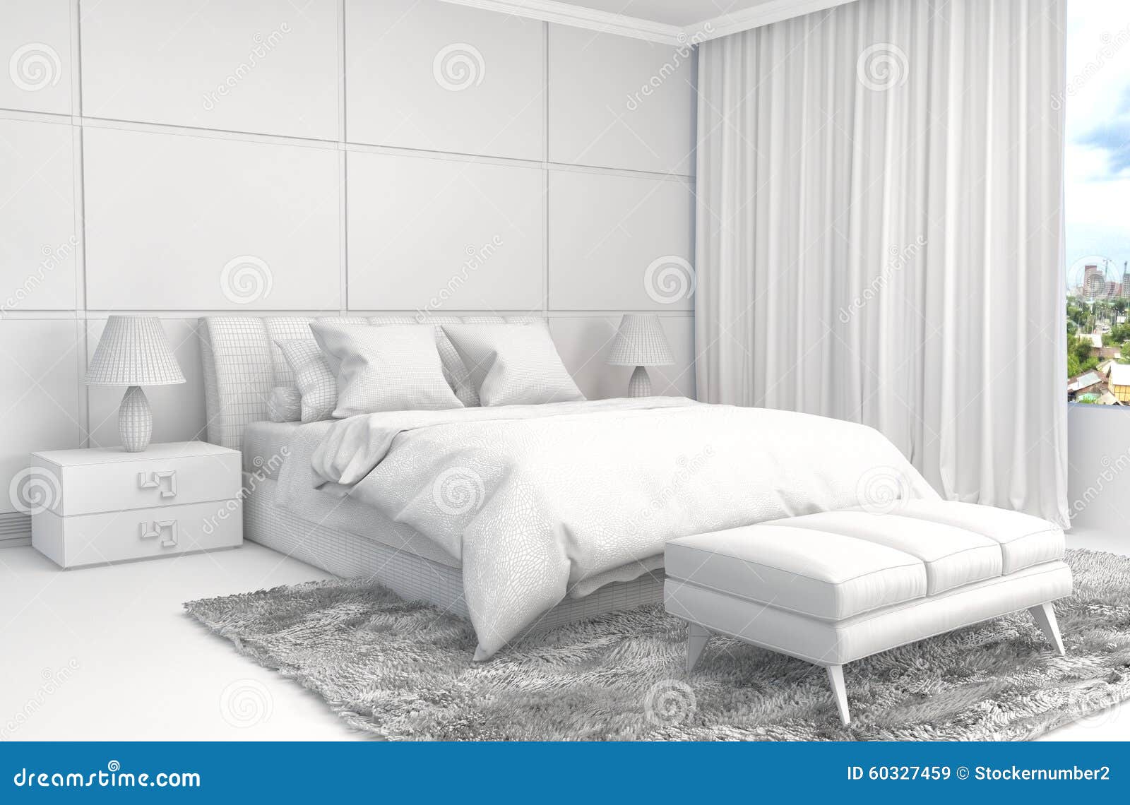 Bedroom Interior with CAD Wireframe Mesh. 3D Illustration Stock ...