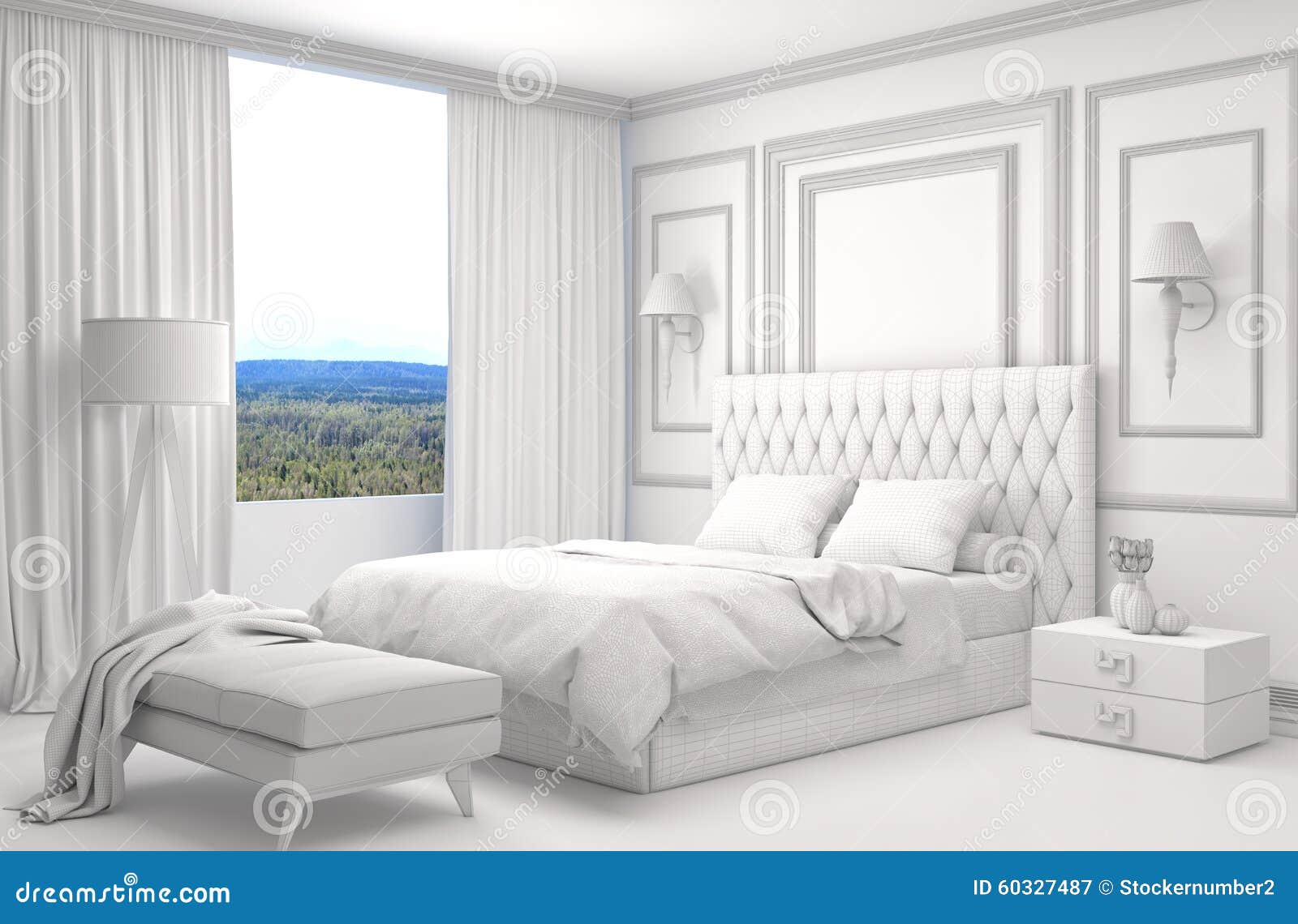 Bedroom Interior with CAD Wireframe Mesh. 3D Illustration Stock ...