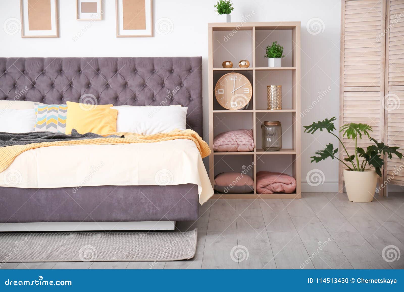 Bedroom Interior with Comfortable Bed Stock Photo - Image of flat ...