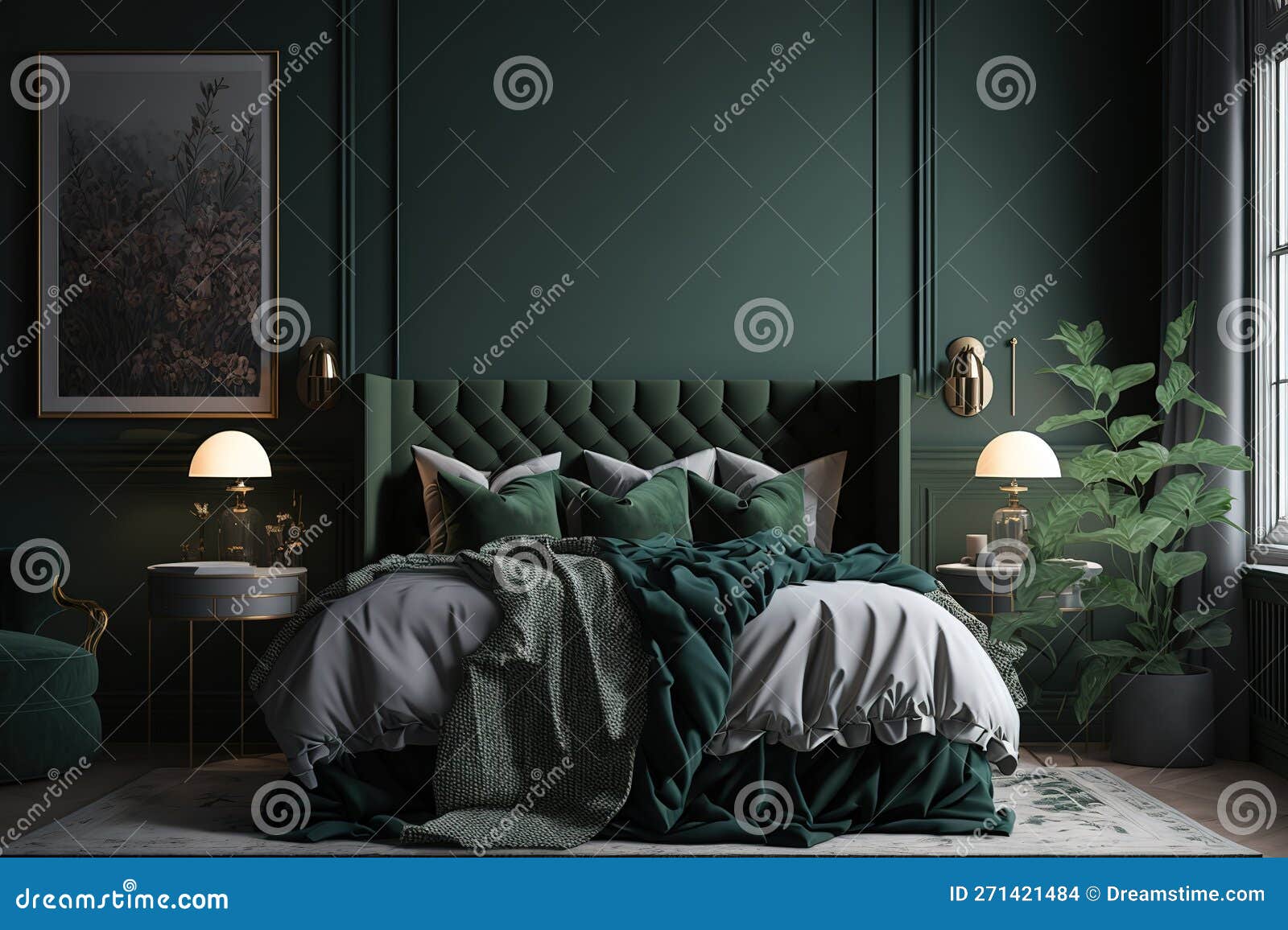 Bedroom Interior in Dark Green Style, 3d Rendering Stock Illustration ...