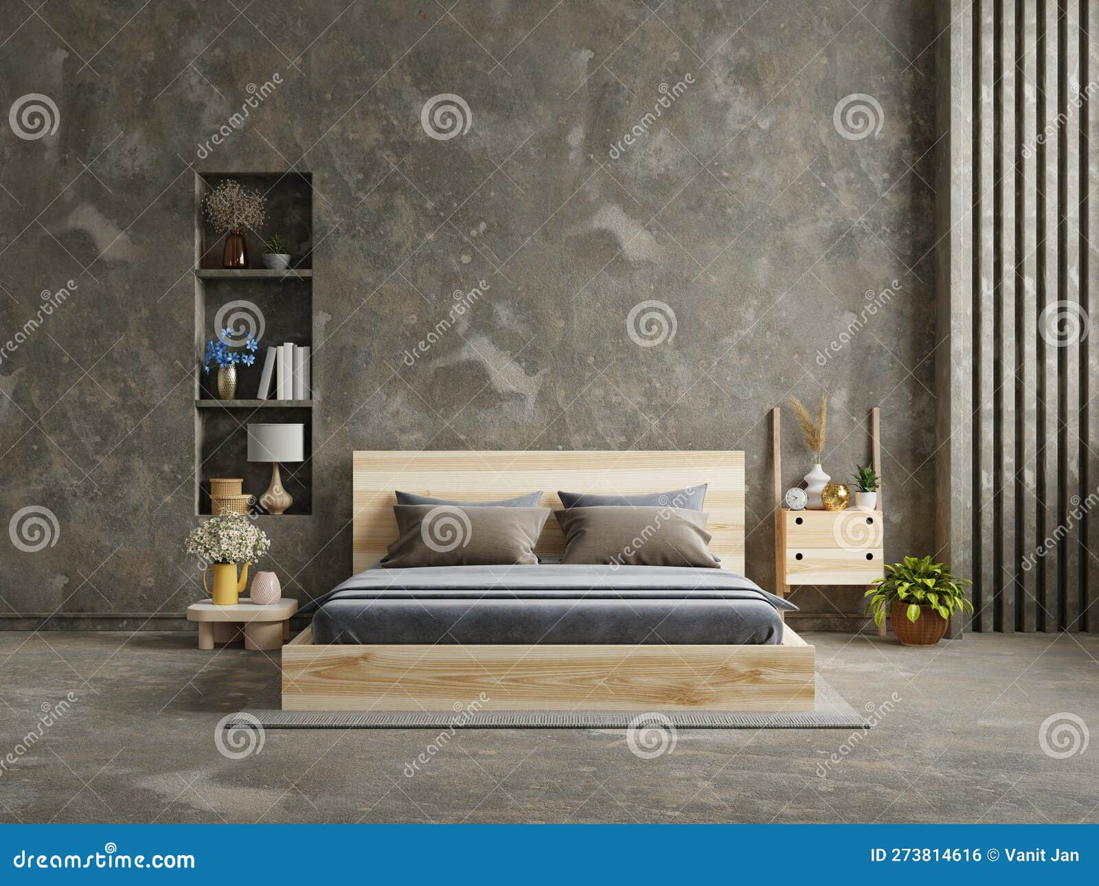 Bedroom Interior Design Concept Idea and Concrete Wall Texture ...