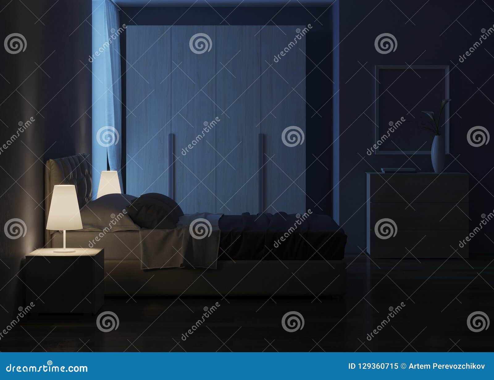 Bedroom Interior Design. Night Lighting Stock Illustration ...