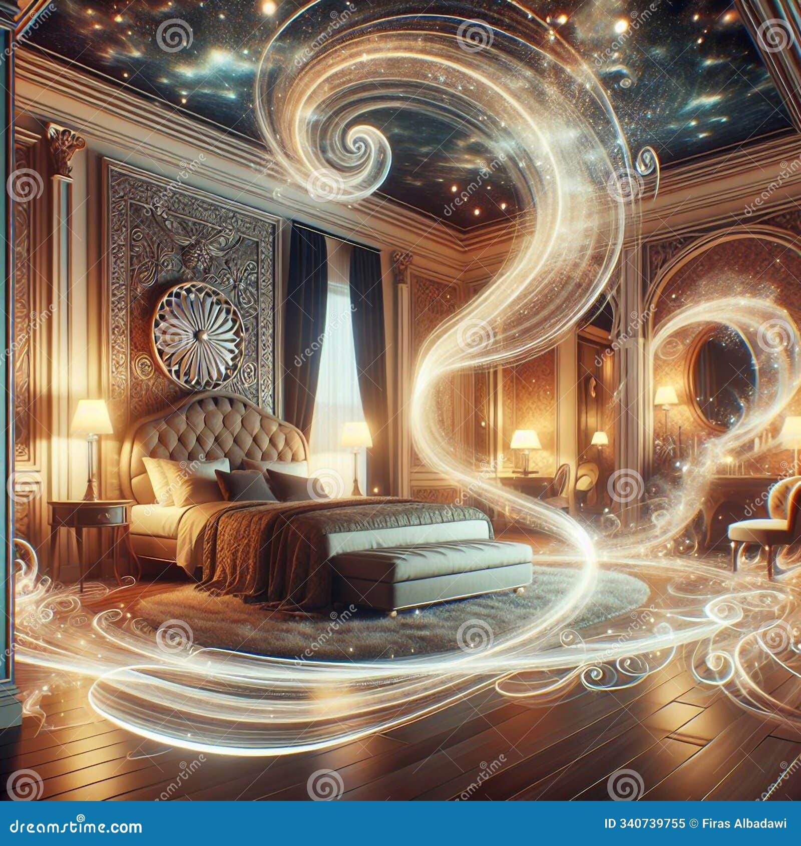 A Bedroom Interior Features a Starry Night Sky Ceiling. Stock Image ...