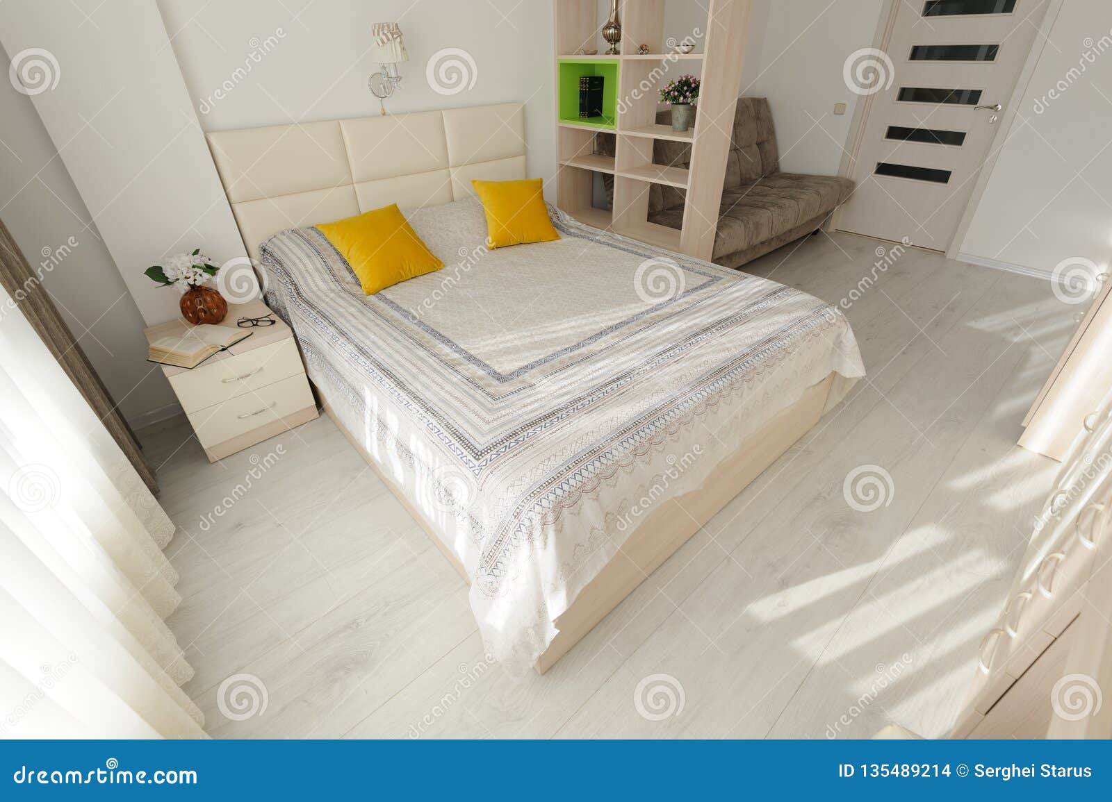 Bedroom Interior with Large Double Bed Stock Photo - Image of ...
