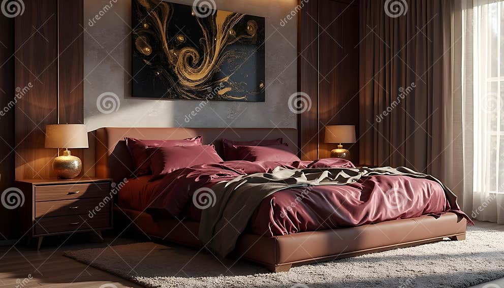 Bedroom Interior in Modern Style Maroon Theme Stock Illustration ...